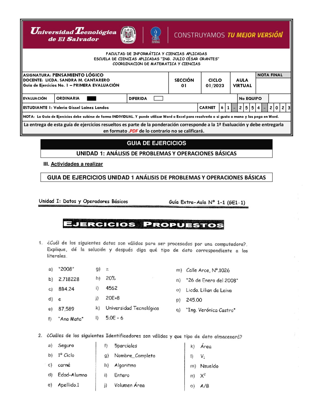 Ejercicios De Clase Pensamiento Logico Ejercicios De Lógica Docsity
