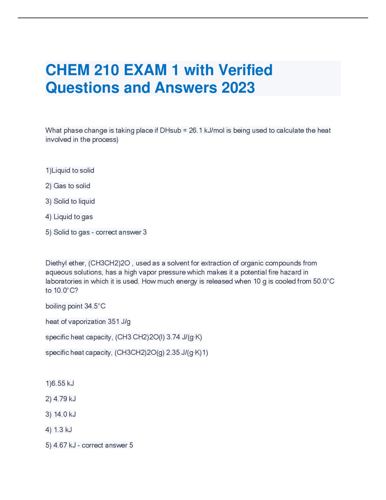 Chem 210 Exam 1 With Verified Questions And Answers 2023 Exams