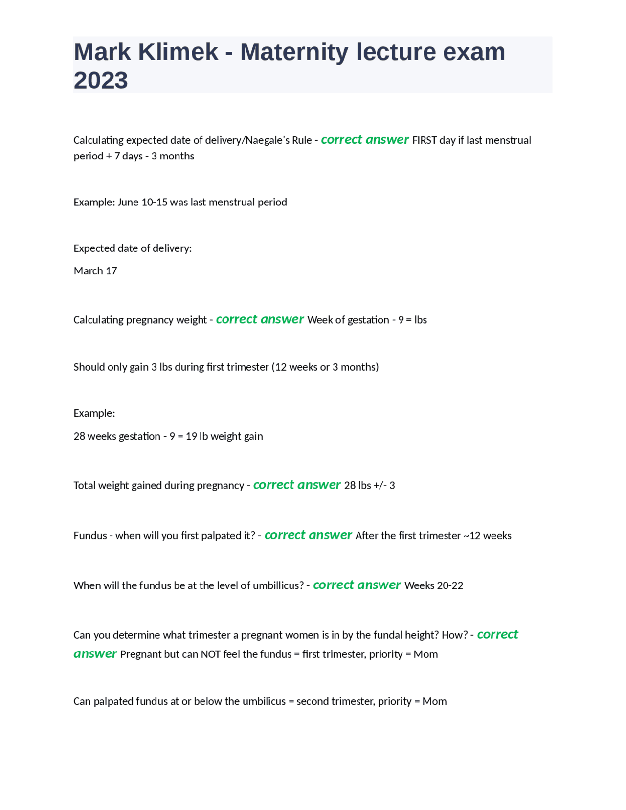 Mark Klimek - Maternity lecture exam 2023 | Exams Nursing | Docsity