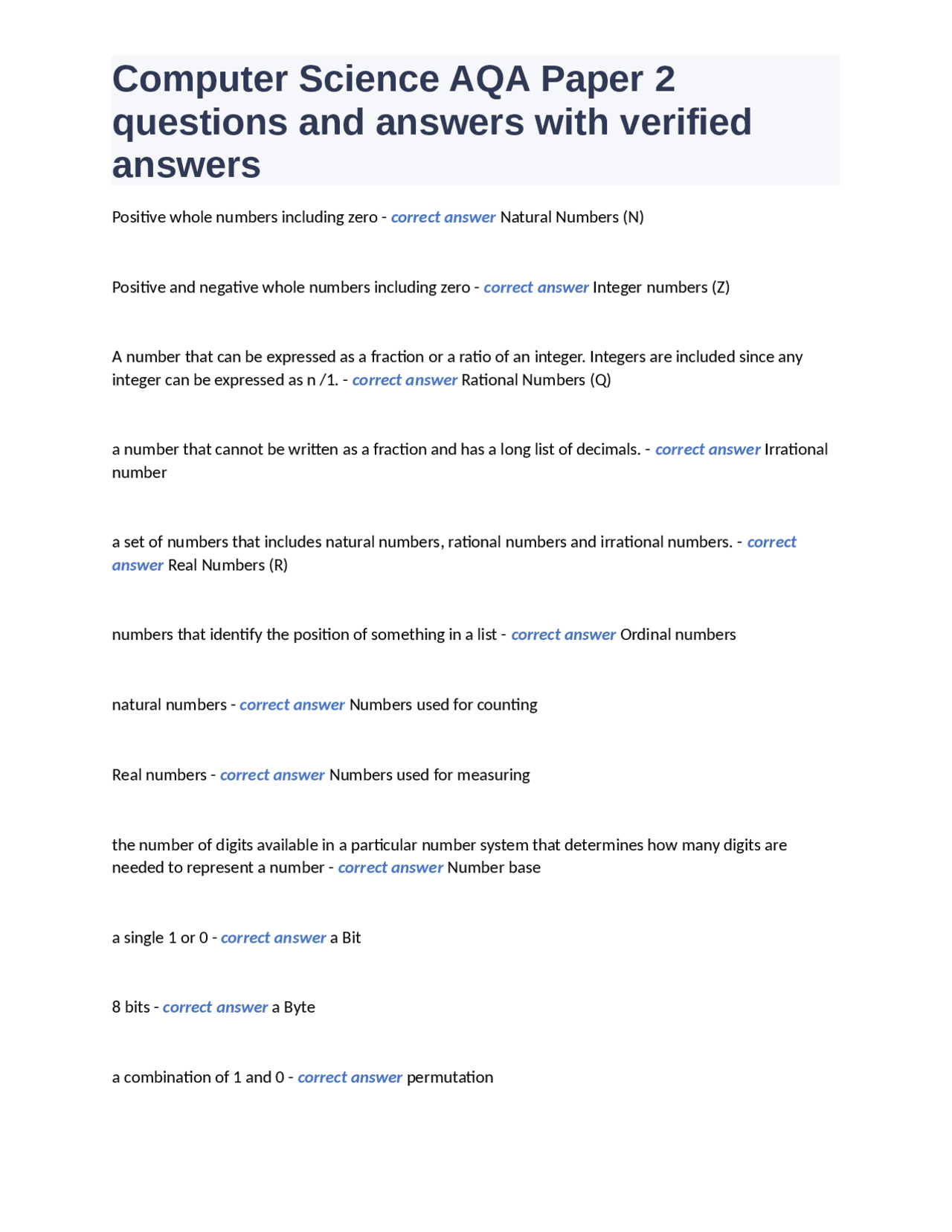 Computer Science AQA Paper 2 questions and answers with verified ...