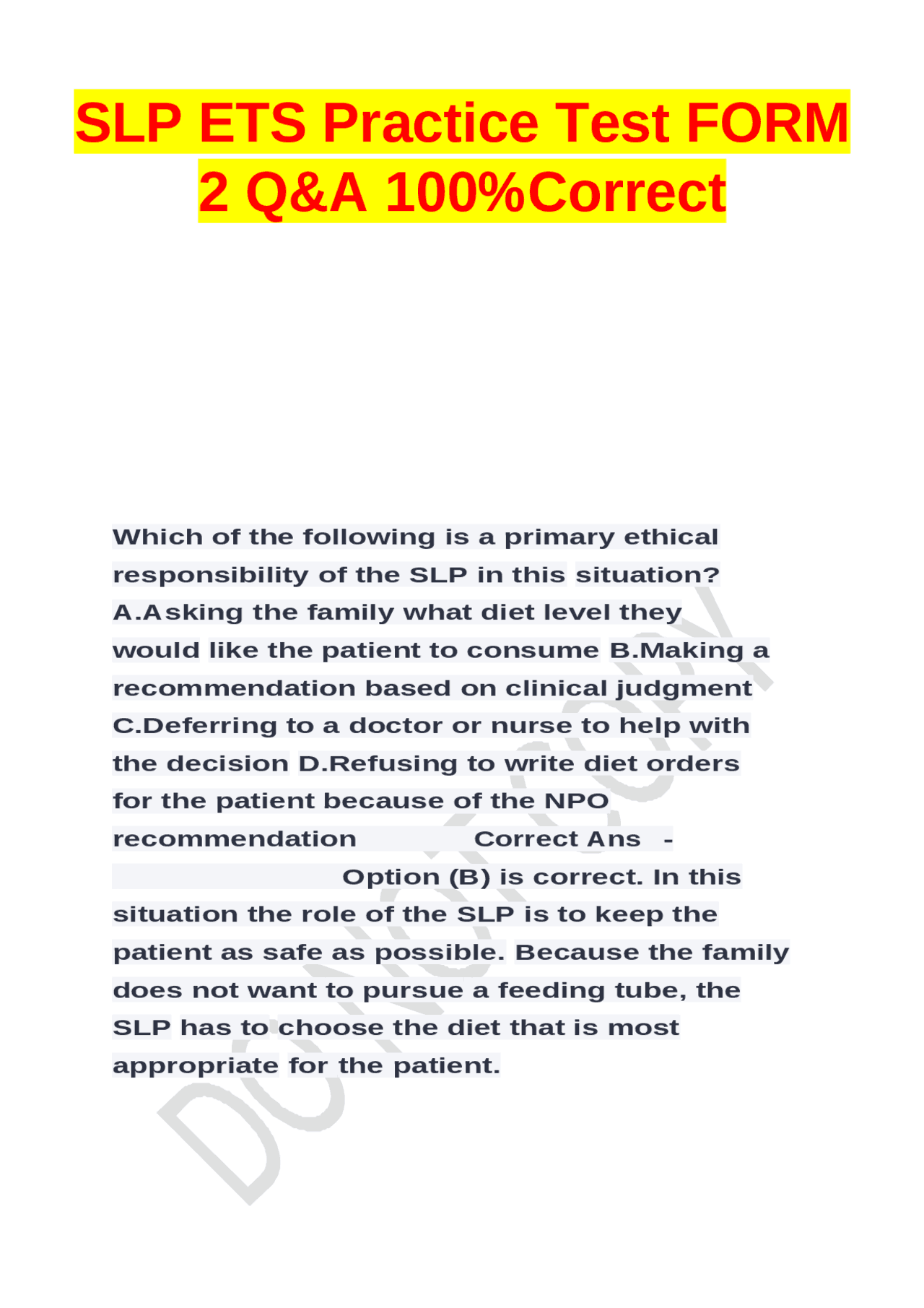 SLP ETS Practice Test FORM 2 Q&A 100%Correct | Exams Nursing | Docsity