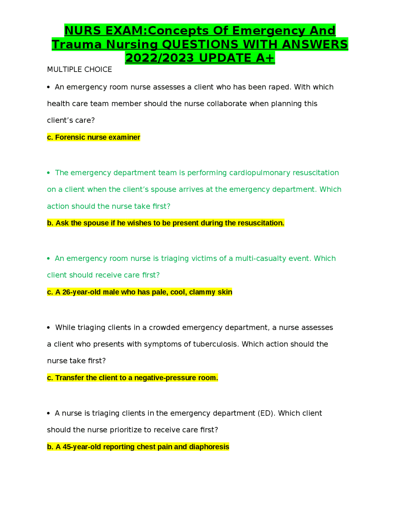 NURS EXAM:Concepts Of Emergency And Trauma Nursing QUESTIONS WITH ...