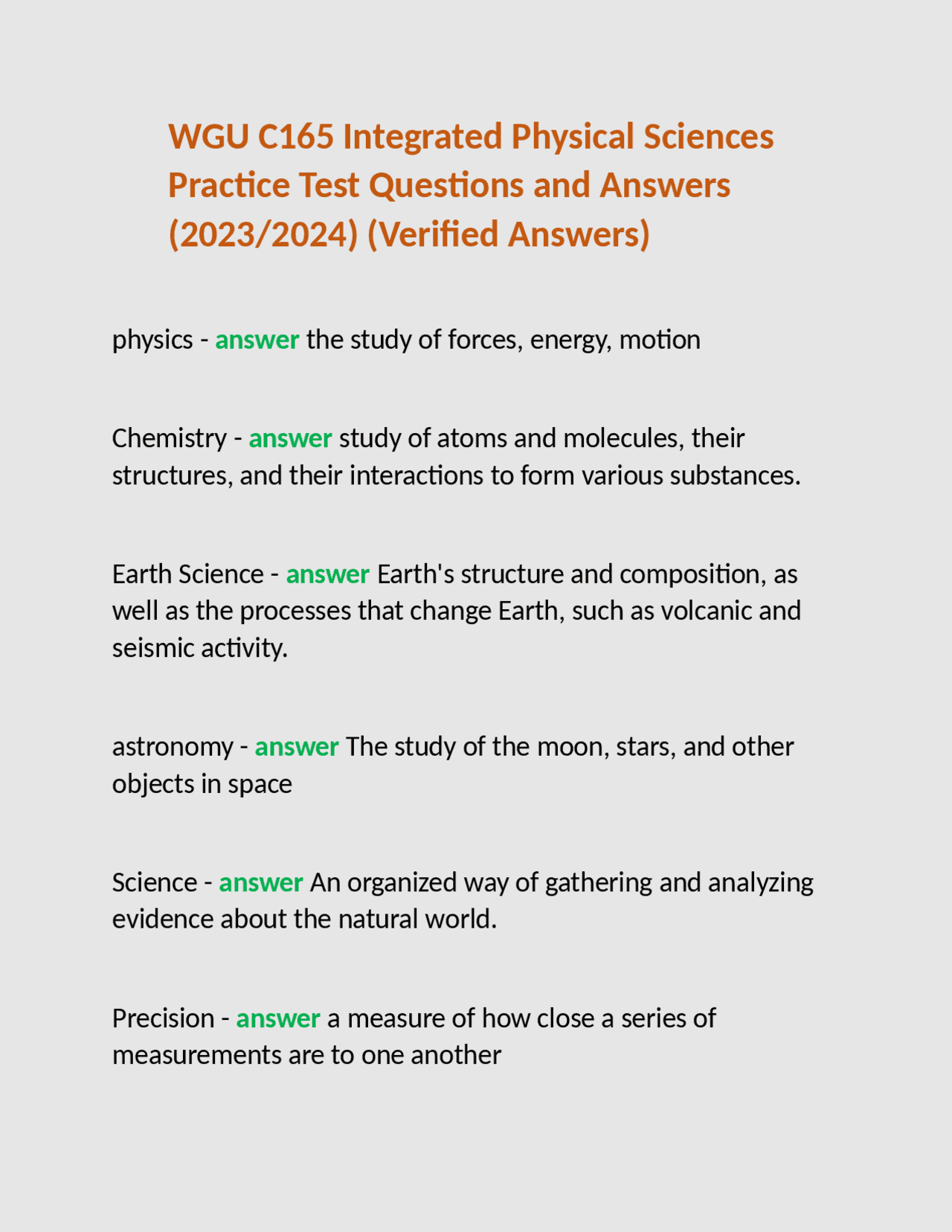 WGU C165 Integrated Physical Sciences Practice Test Questions and ...