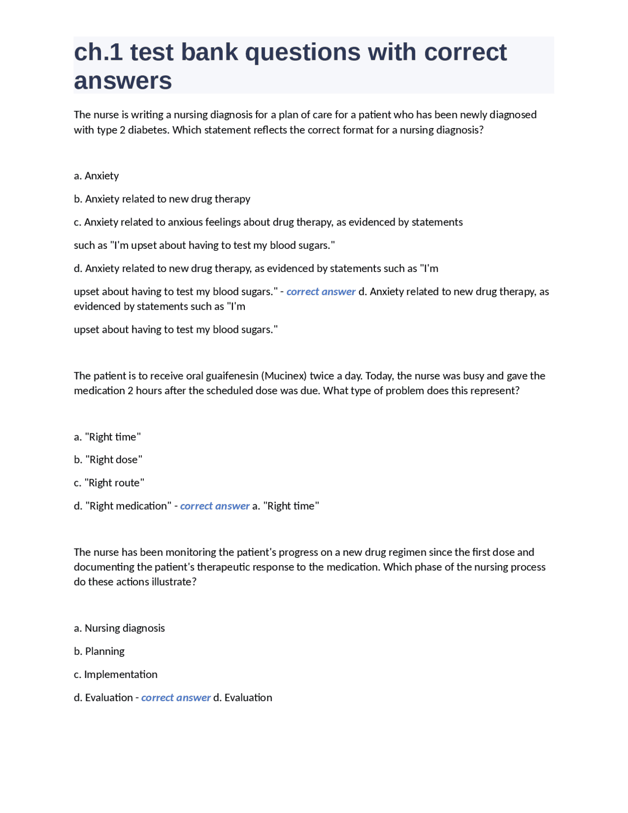 Ch.1 test bank questions with correct answers | Exams Nursing | Docsity