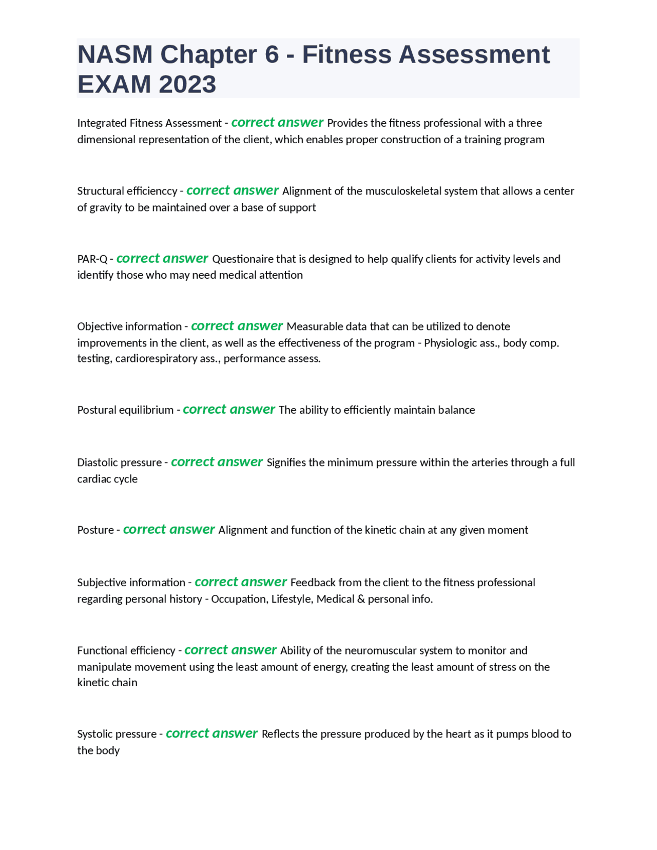 NASM Chapter 6 - Fitness Assessment EXAM 2023 | Exams Nursing | Docsity