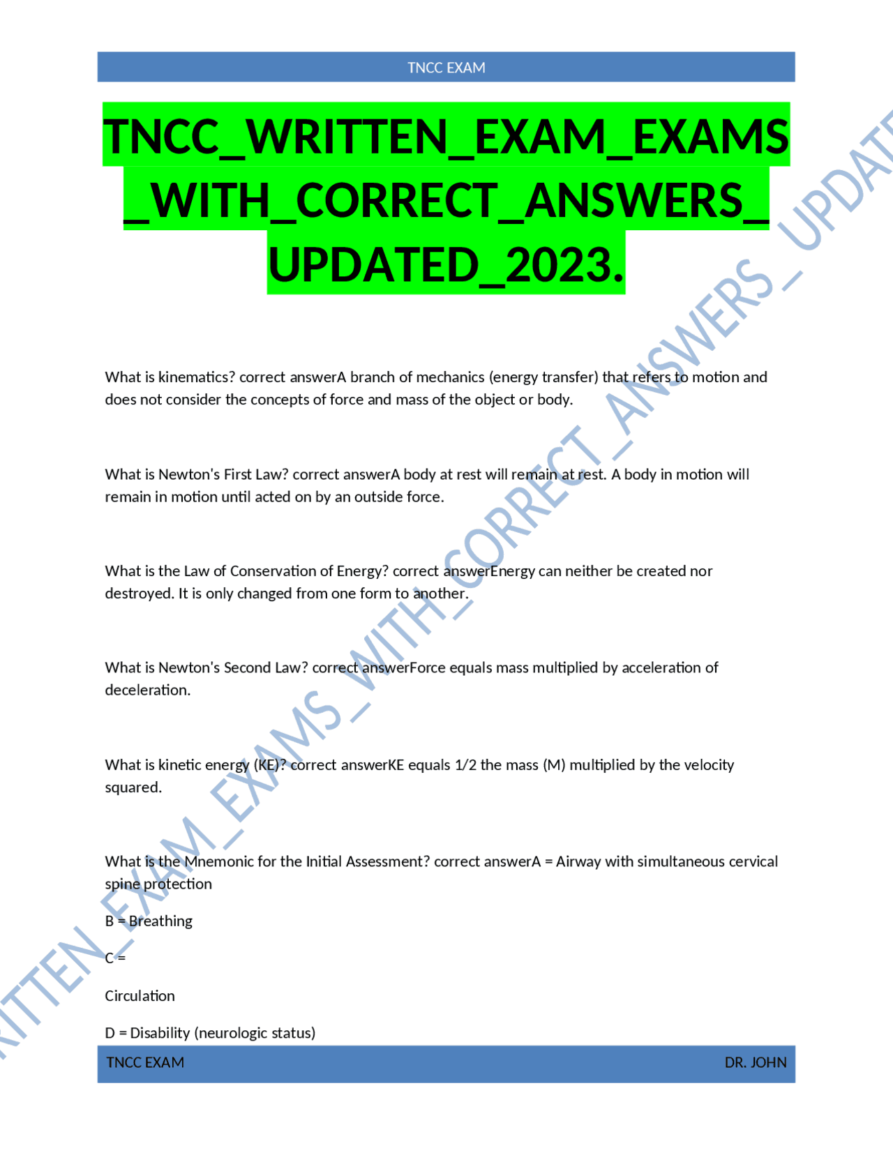 TNCC Written Exam with Correct Answers | Exams Nursing | Docsity