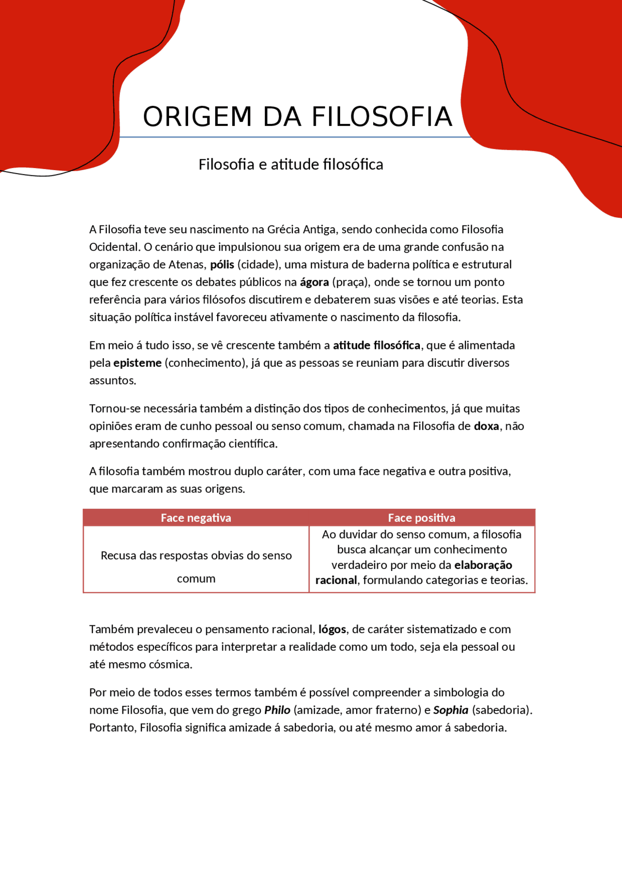 Origem da Filosofia (anotações da aula) | Notas de aula Filosofia | Docsity