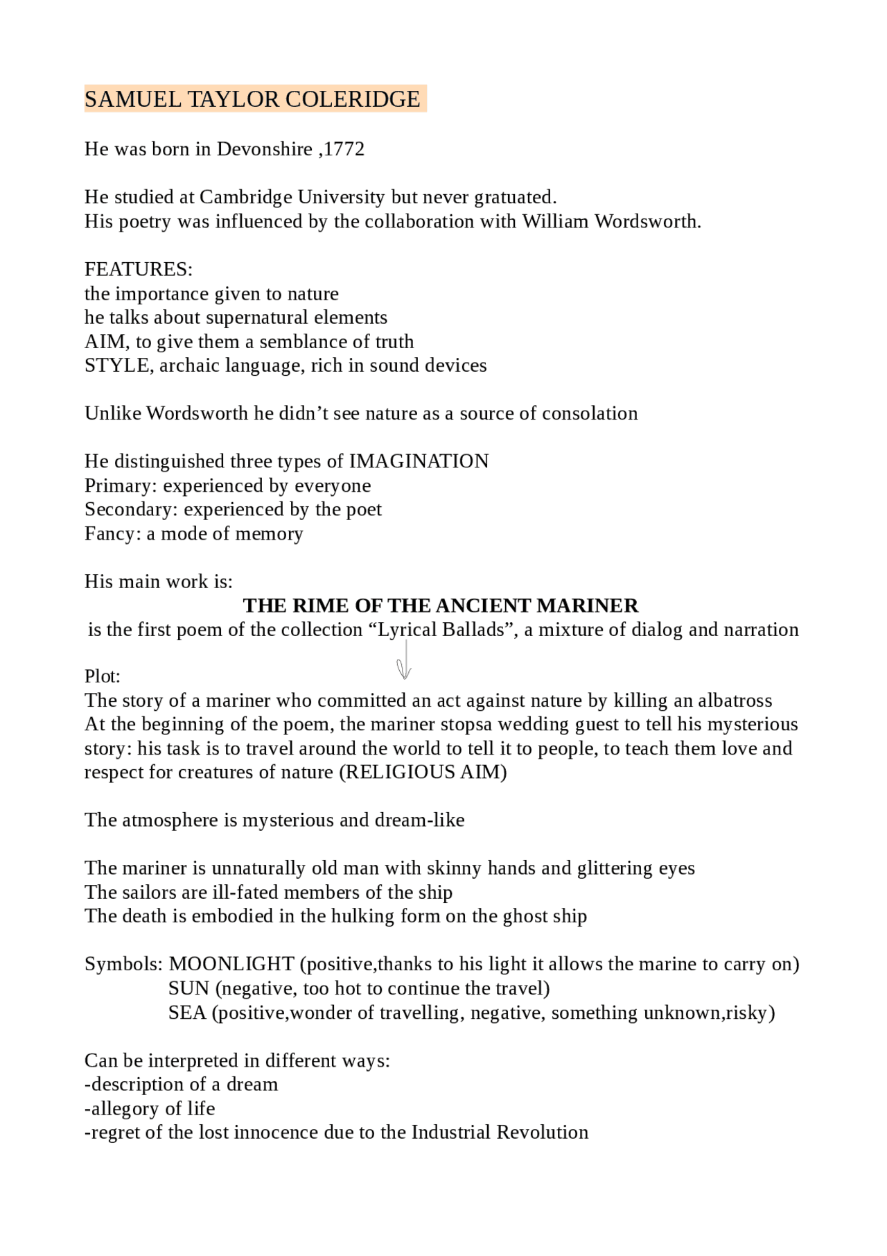 Samuel Taylor Coleridge: vita e opere | Schemi e mappe concettuali di ...