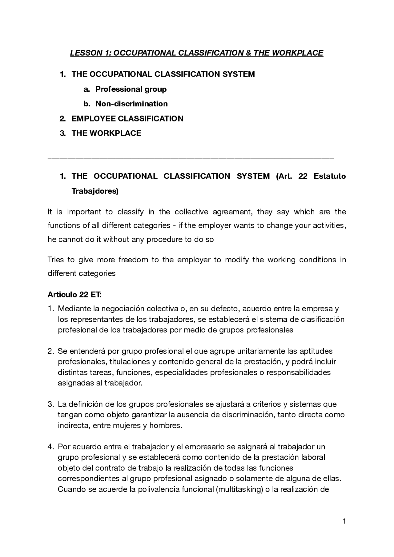 OCCUPATIONAL CLASSIFICATION & THE WORKPLACE | Apuntes de Derecho ...