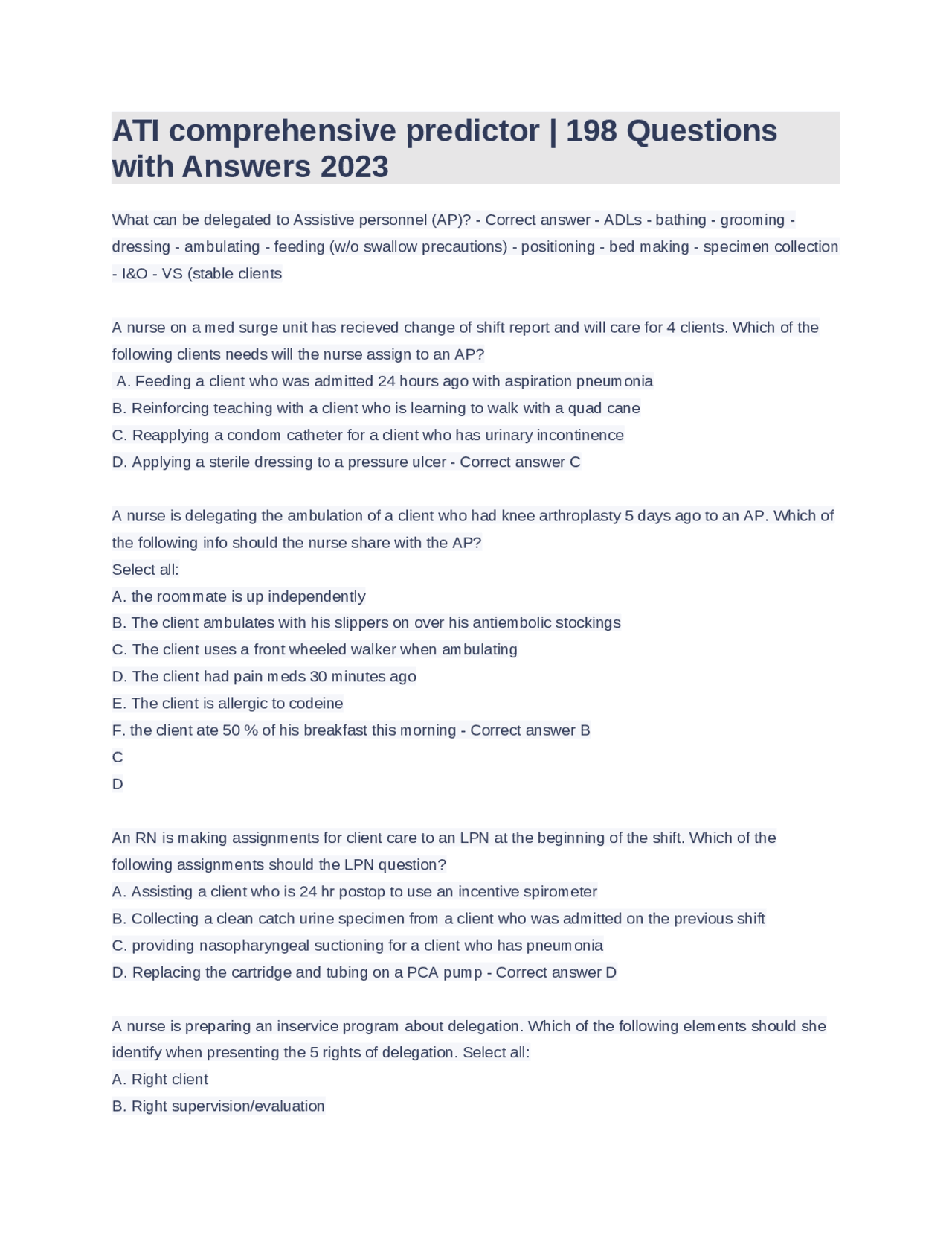 ATI comprehensive predictor | 198 Questions with Answers 2023 | Exams ...