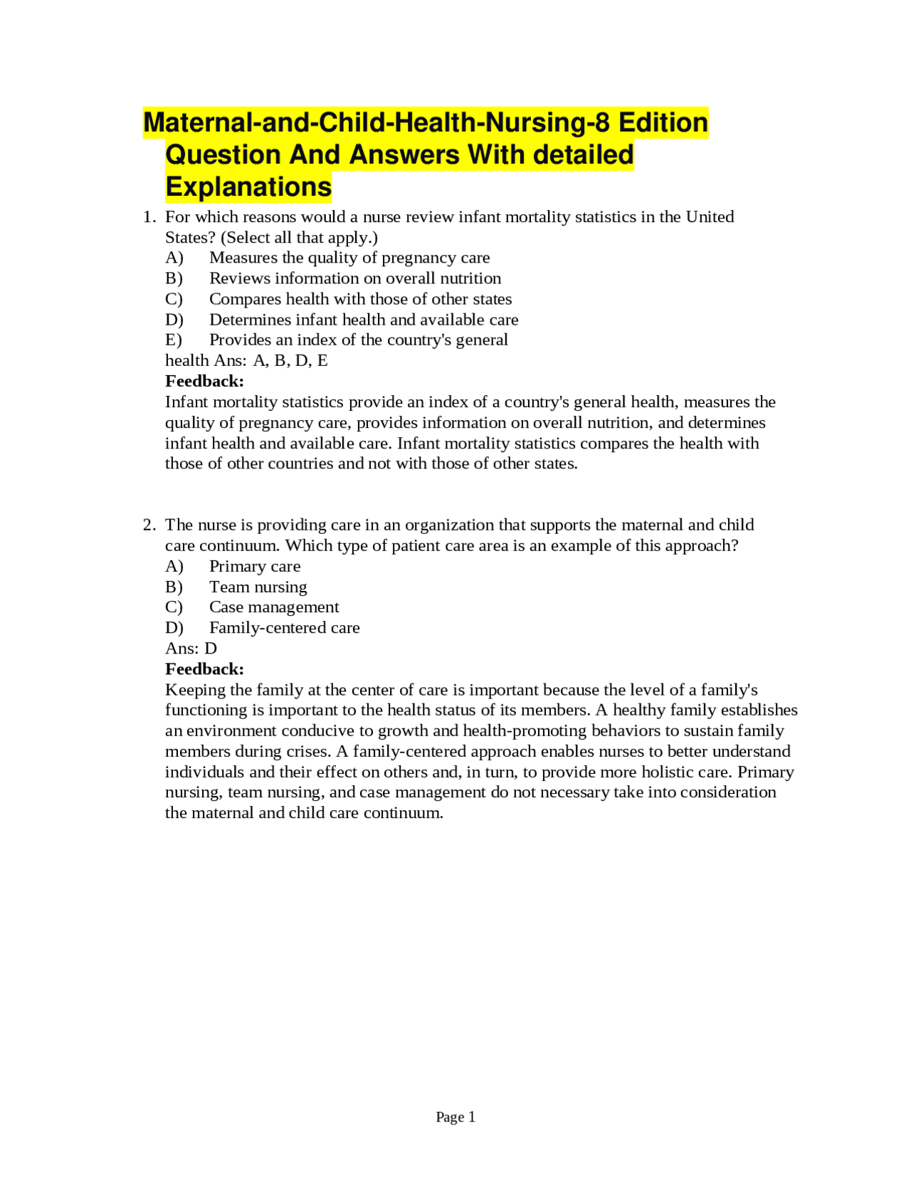 Maternal and Child Health Nursing: Questions and Answers | Exams ...
