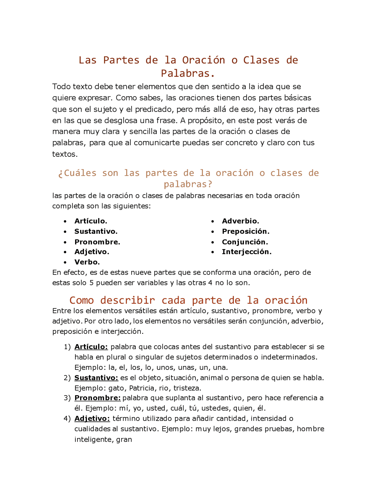 Las partes de la palabra o clases de palabras | Apuntes de Lengua y ...