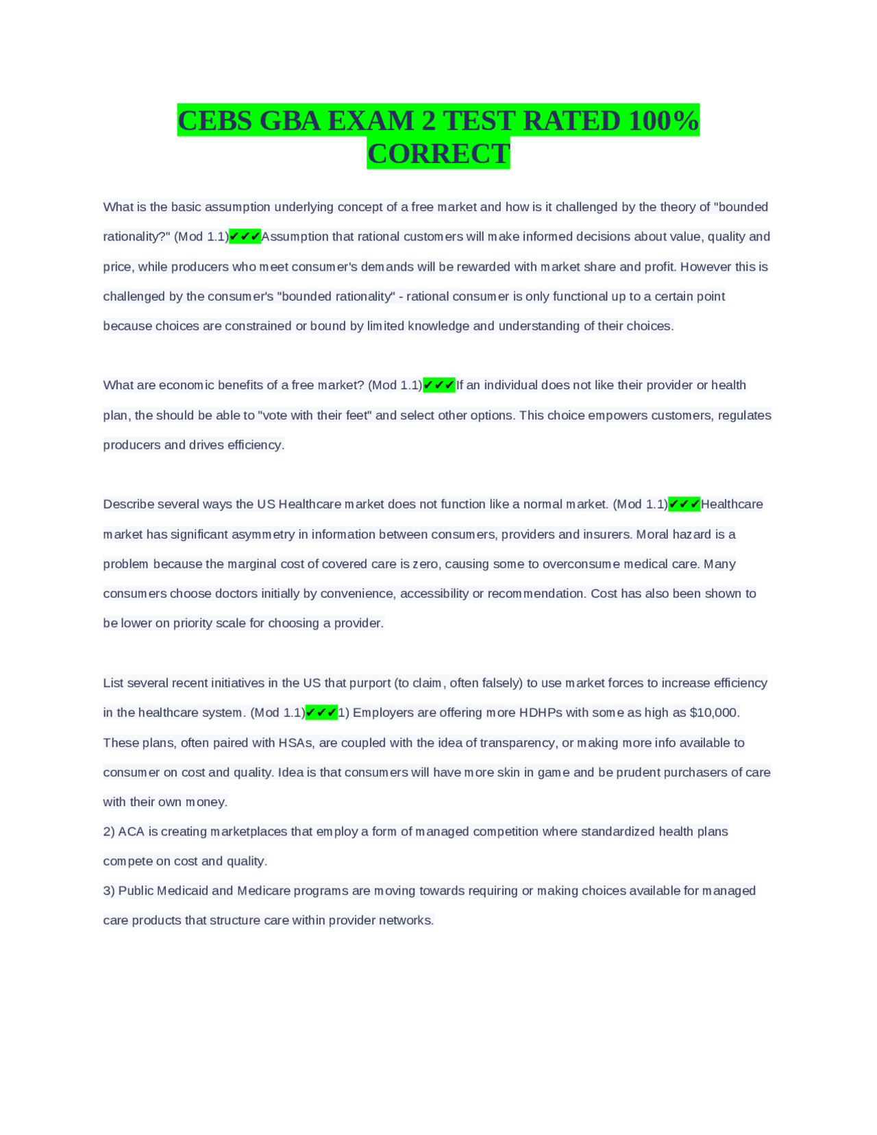 CEBS GBA EXAM 2 TEST RATED 100% CORRECT | Exams Business Systems | Docsity