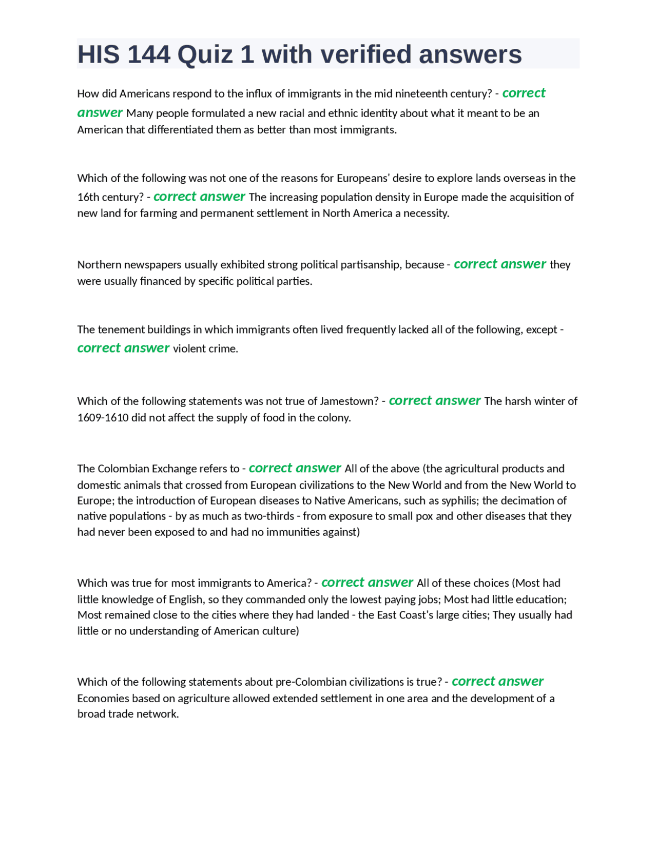 HIS 144 Quiz 1 with verified answers | Exams Nursing | Docsity