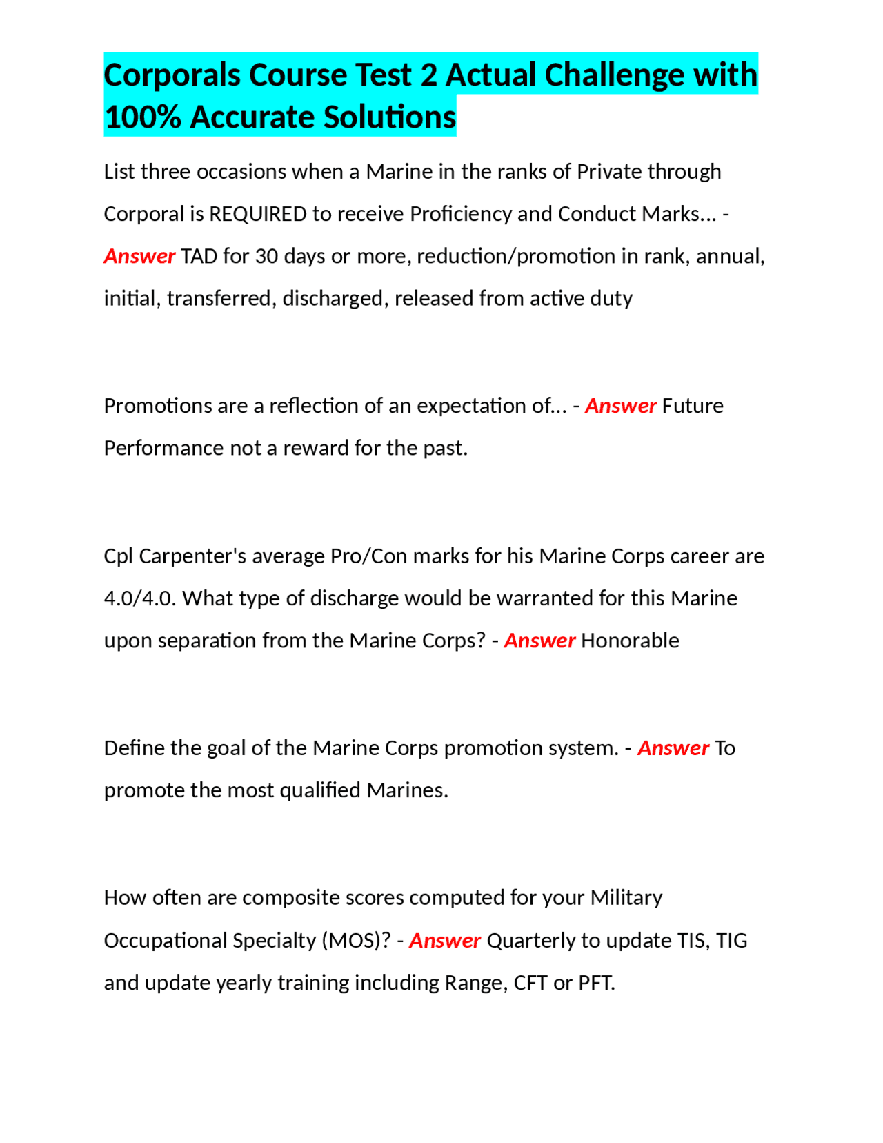Corporals Course Test 2 Actual Challenge with 100% Accurate Solutions ...