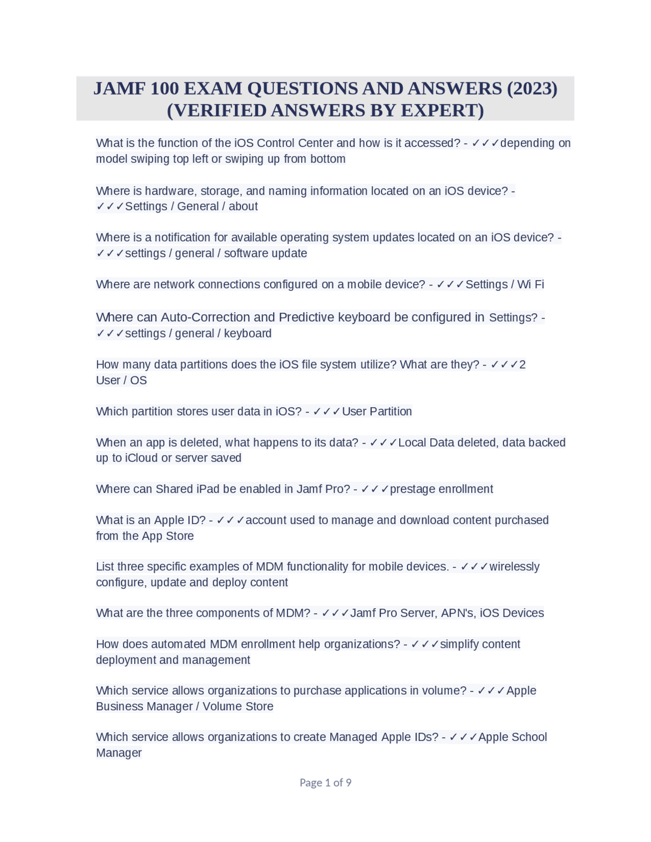 JAMF 100 EXAM QUESTIONS AND ANSWERS (2023) (VERIFIED ANSWERS BY EXPERT) | Exams Computer Science ...
