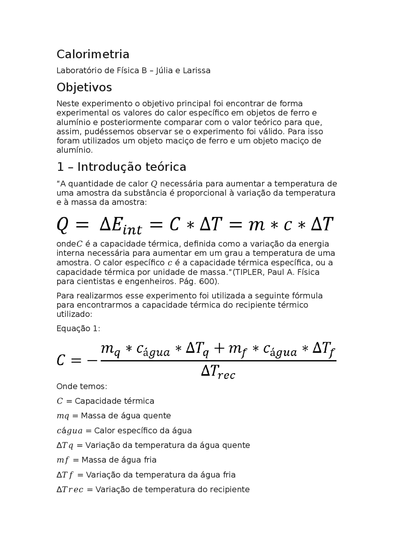Relatorio sobre calorimetria | Esquemas Física | Docsity