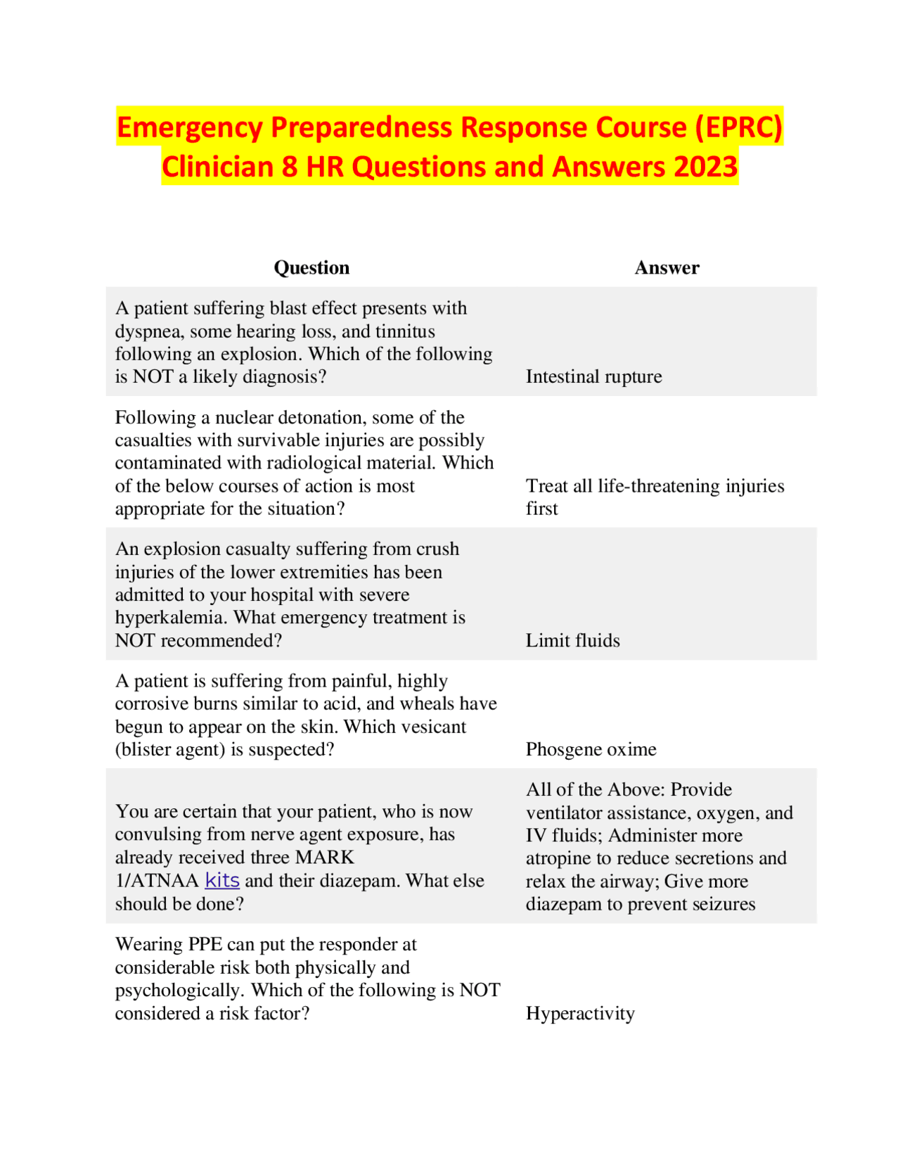 Emergency Preparedness Response Course (EPRC) Clinician 8 HR Questions ...
