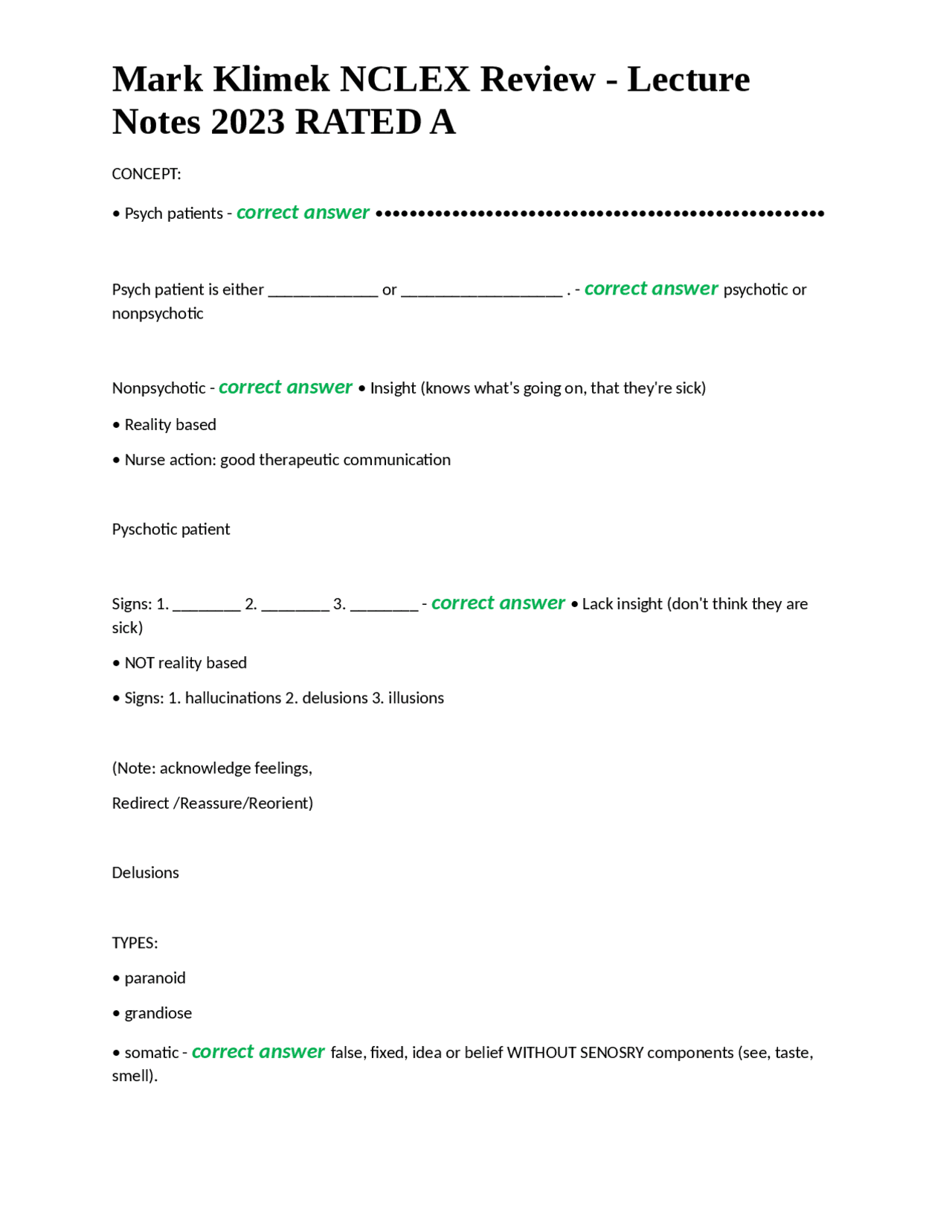 Mark Klimek NCLEX Review - Lecture Notes 2023: Psych Patients and ...