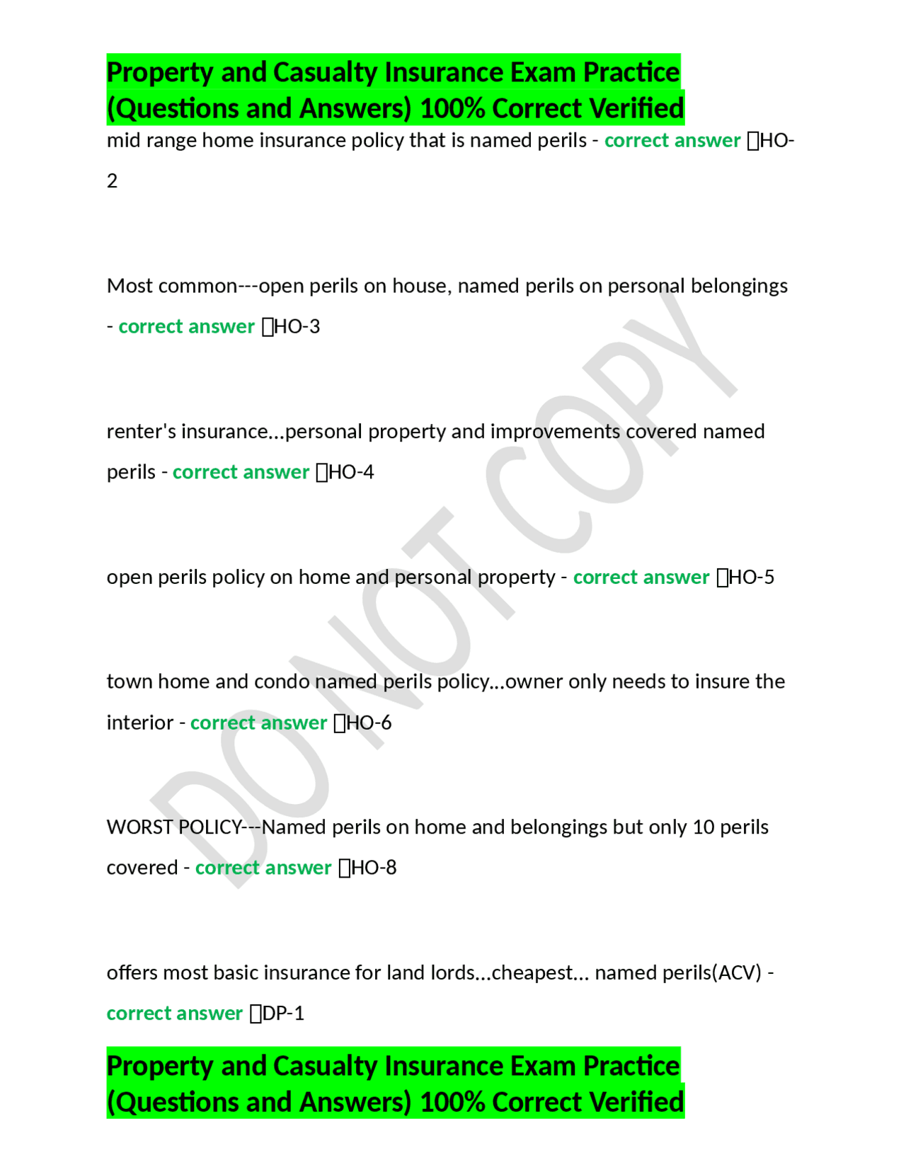 Property and Casualty Insurance Exam Practice (Questions and Answers ...
