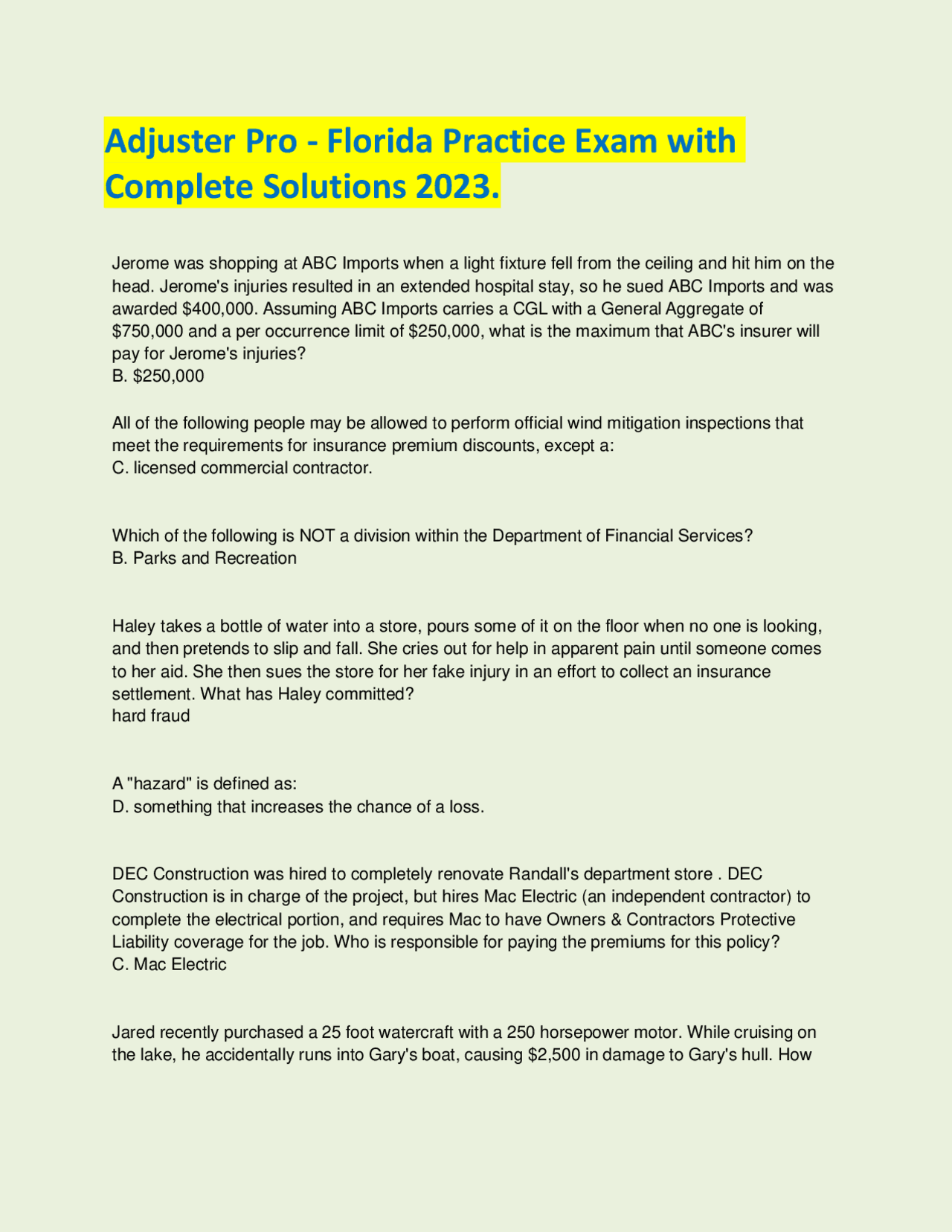 Adjuster Pro - Florida Practice Exam with Complete Solutions 2023 ...