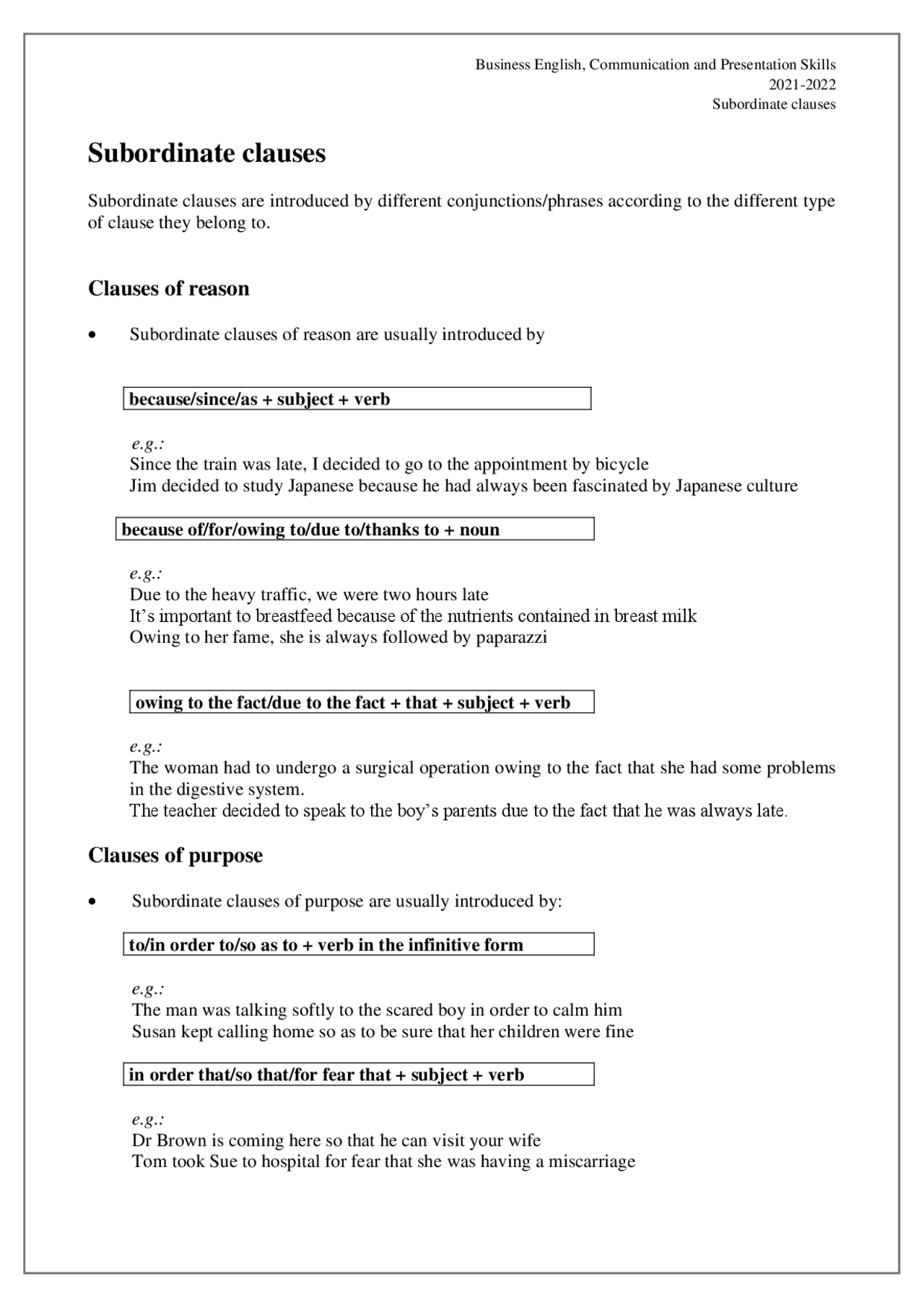 Subordinate clauses of reason, purpose and contrast | Schemi e mappe ...
