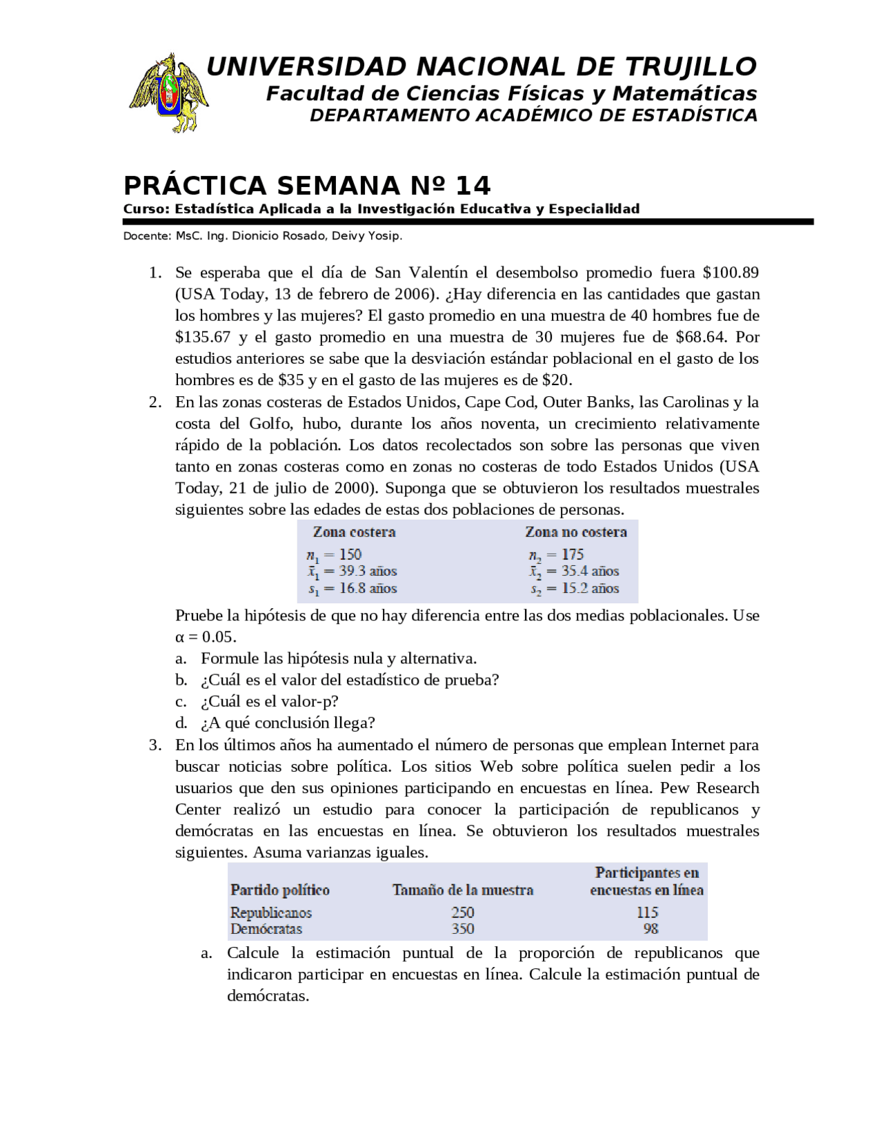 Practica 14 EstadÍstica Ejercicios De Estadística Docsity