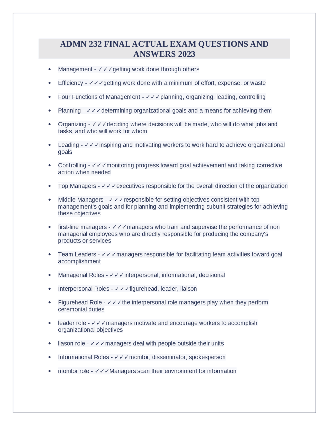 ADMN 232 FINAL ACTUAL EXAM QUESTIONS AND ANSWERS 2023 | Exams Nursing | Docsity