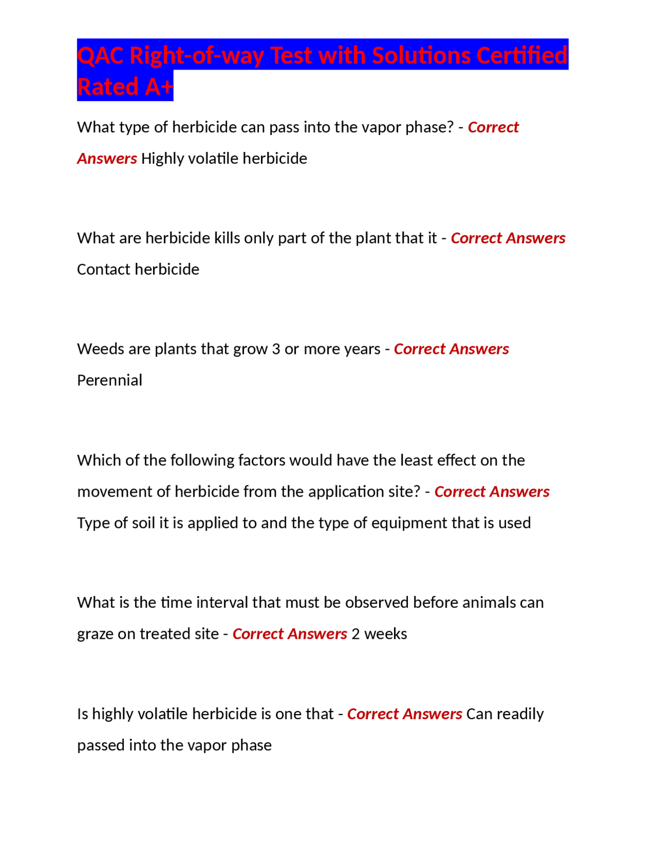 QAC Right-of-way Test with Solutions Certified Rated A+ | Exams Nursing ...