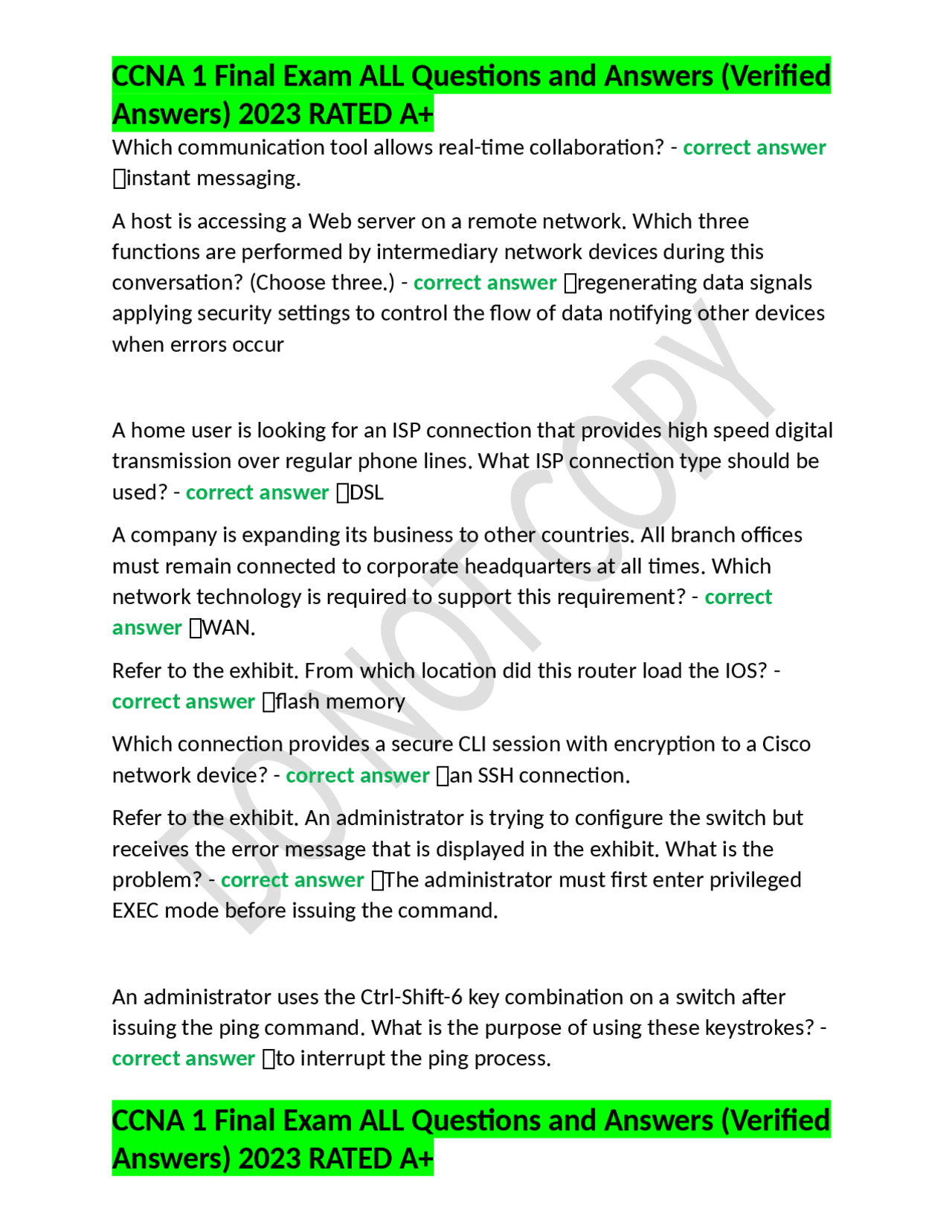 Ccna 1 Final Exam All Questions And Answers Verified Answers 2023 Rated A Exams Nursing