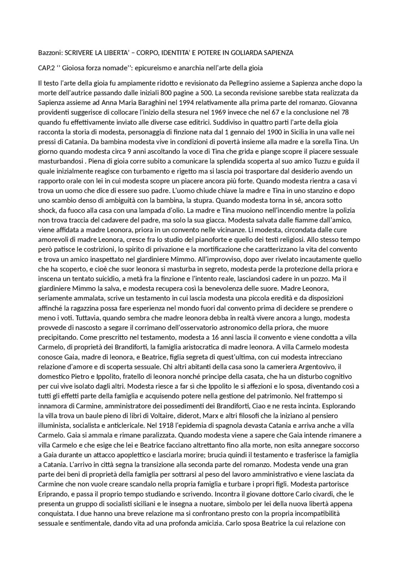 Riassunto Scrivere la libertà. Corpo, identità e potere in Goliarda Sapienza di Bazzoni ...