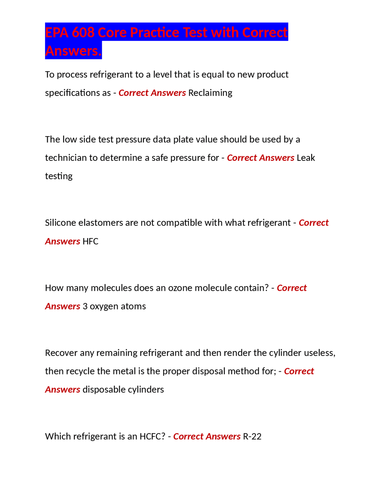 EPA 608 Core Practice Test with Correct Answers. | Exams Nursing | Docsity