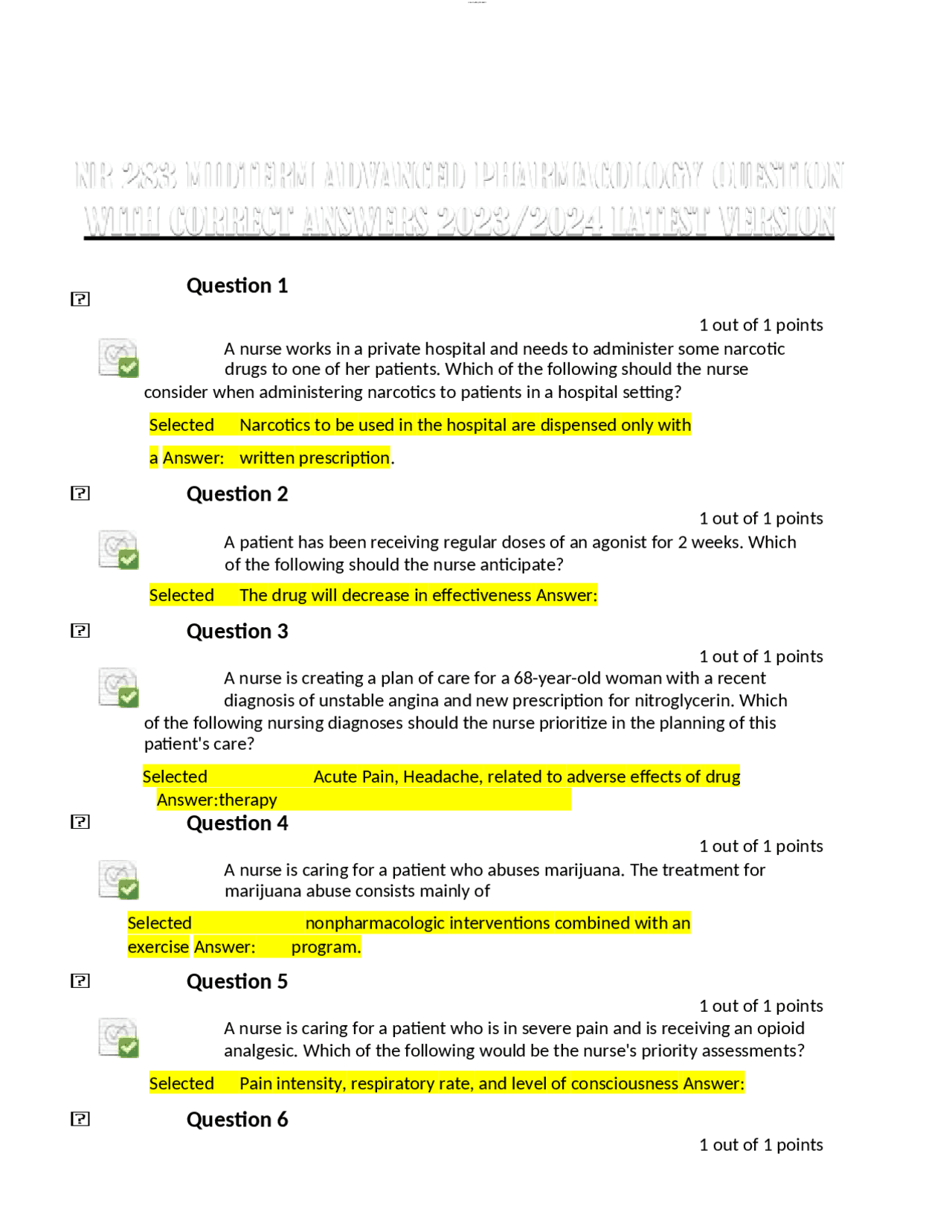 Pharmacology Quiz | Exams Nursing | Docsity