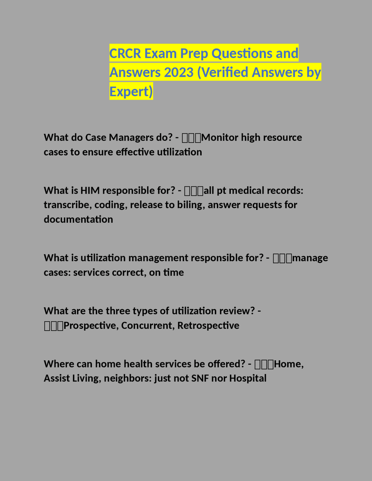 CRCR Exam Prep Questions and Answers 2023 (Verified Answers by Expert ...