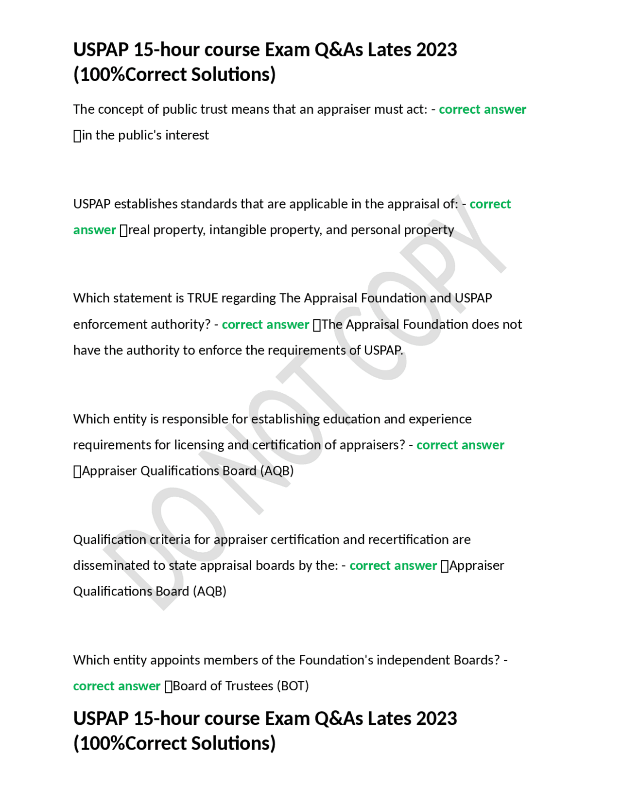 USPAP 15-hour course Exam Q&As Lates 2023 (100%Correct Solutions ...