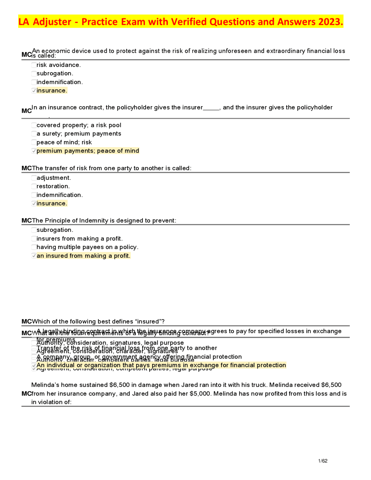 LA Adjuster - Practice Exam with Verified Questions and Answers 2023 ...