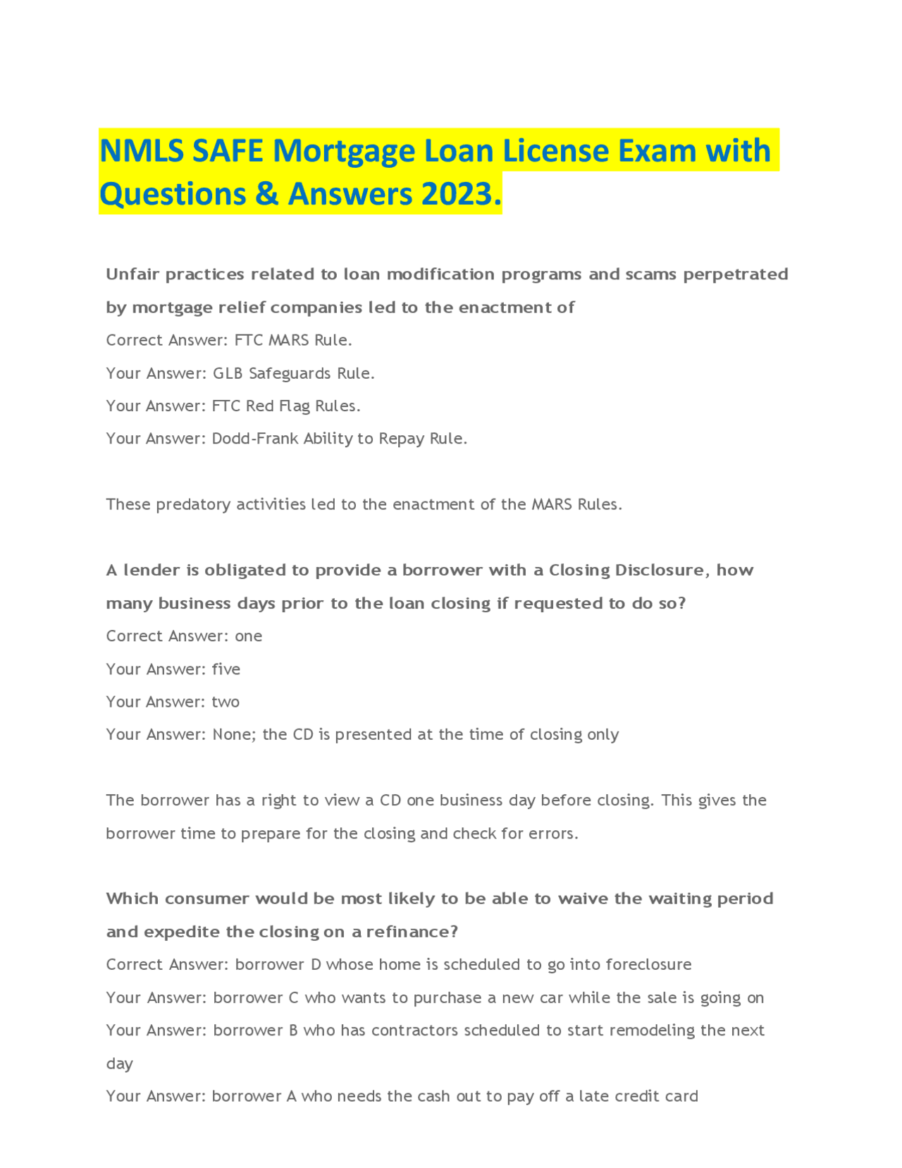 NMLS SAFE Mortgage Loan License Exam with Questions & Answers 2023 ...