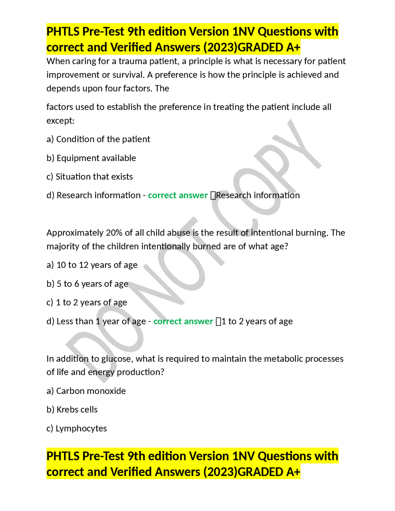 PHTLS Pre-Test 9th edition Version 1NV Questions with correct and ...