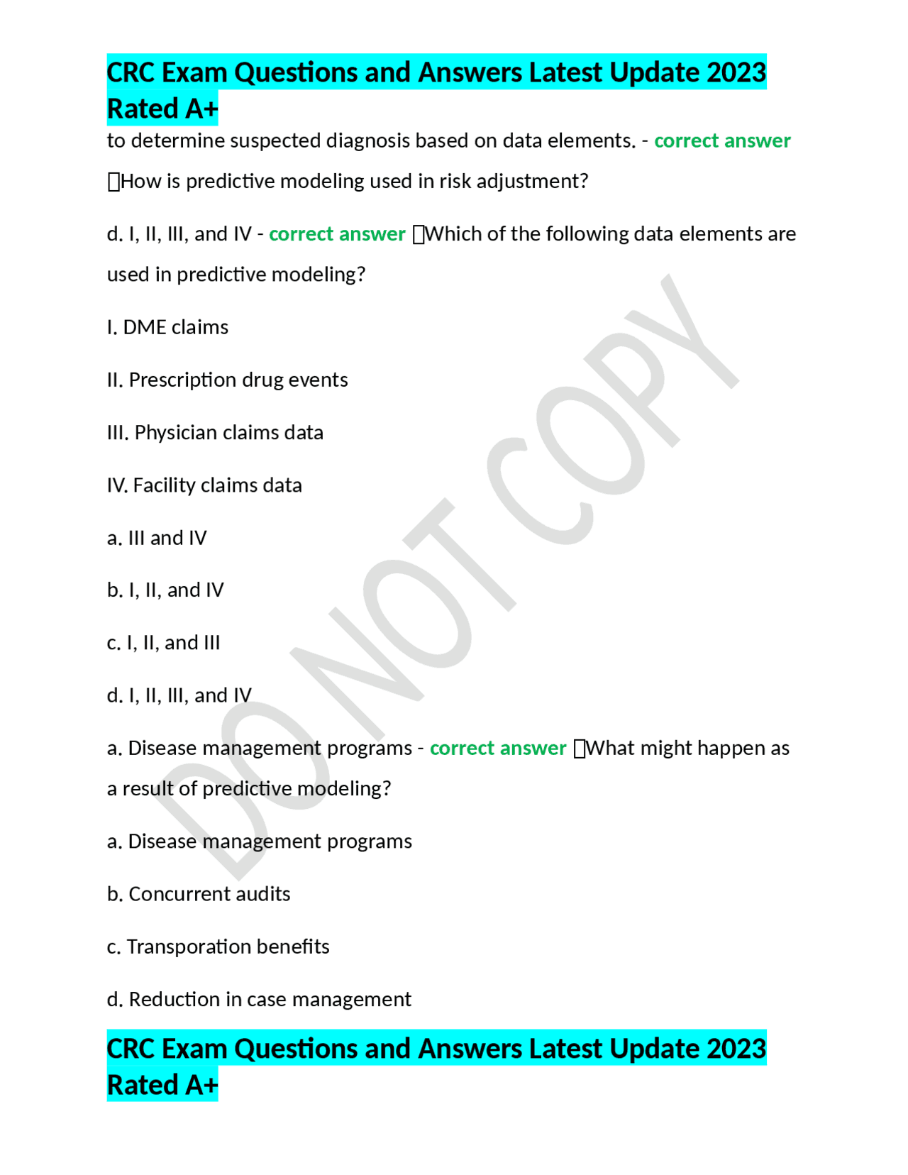 CRC Exam Questions and Answers Latest Update 2023 Rated A+ | Exams ...