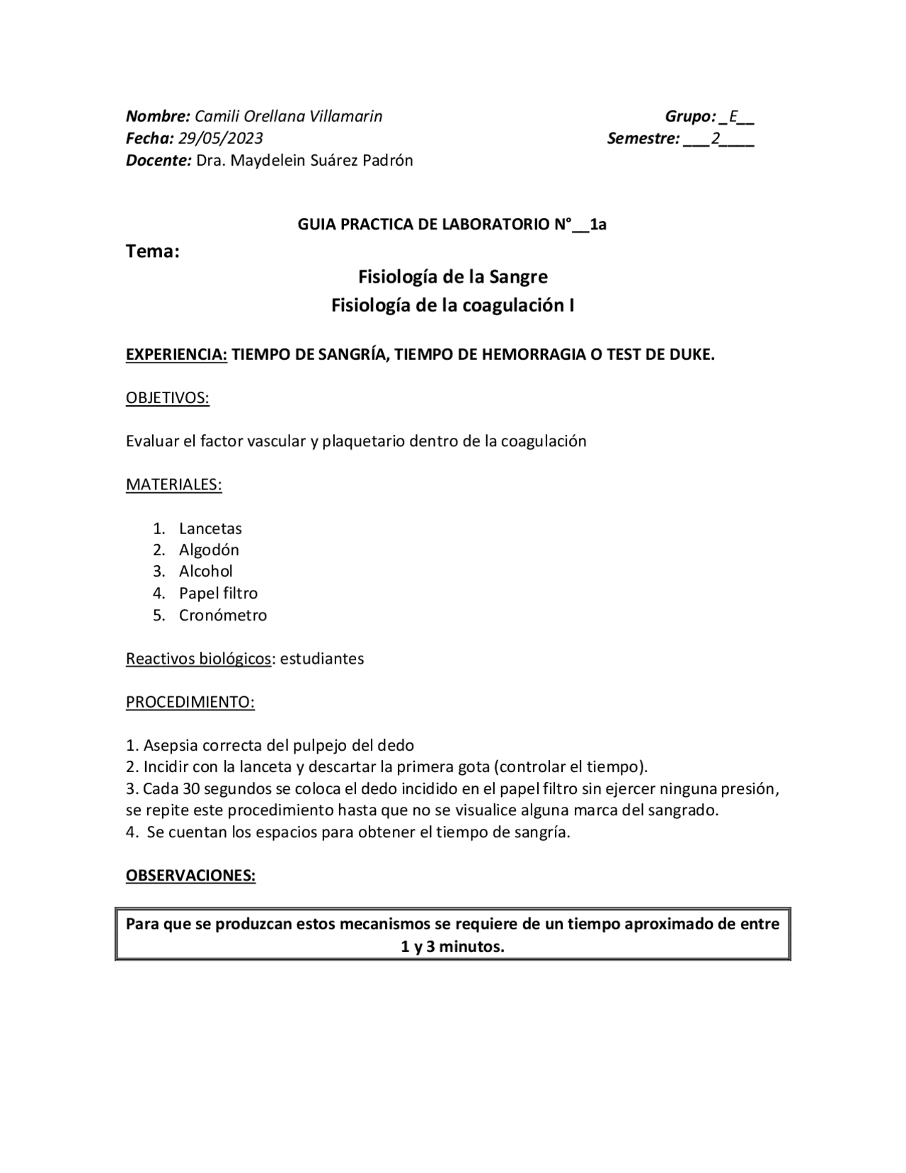 Guia de laboratorio 2 | Ejercicios de Fisiología Humana | Docsity