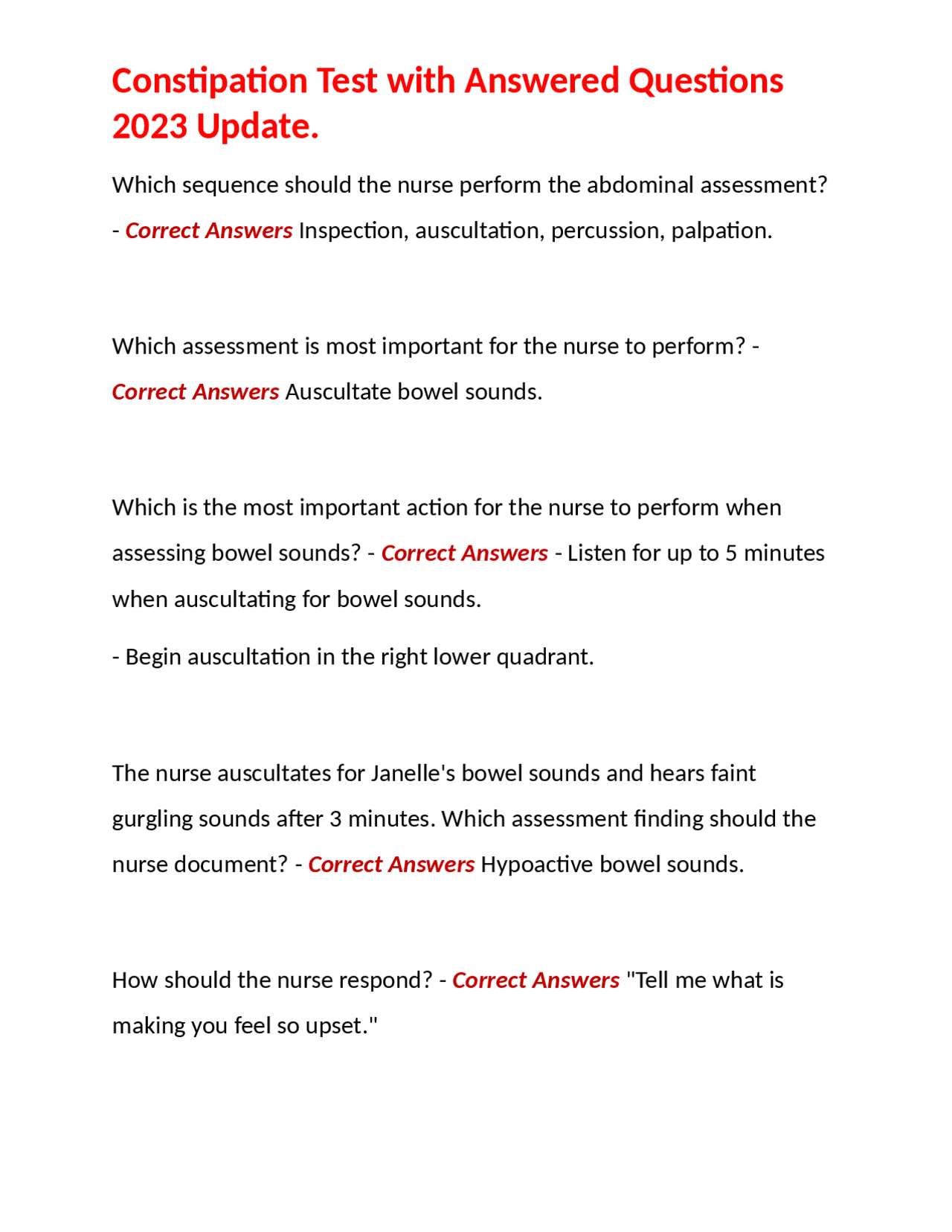 Constipation Test with Answered Questions 2023 Update. | Exams Nursing ...