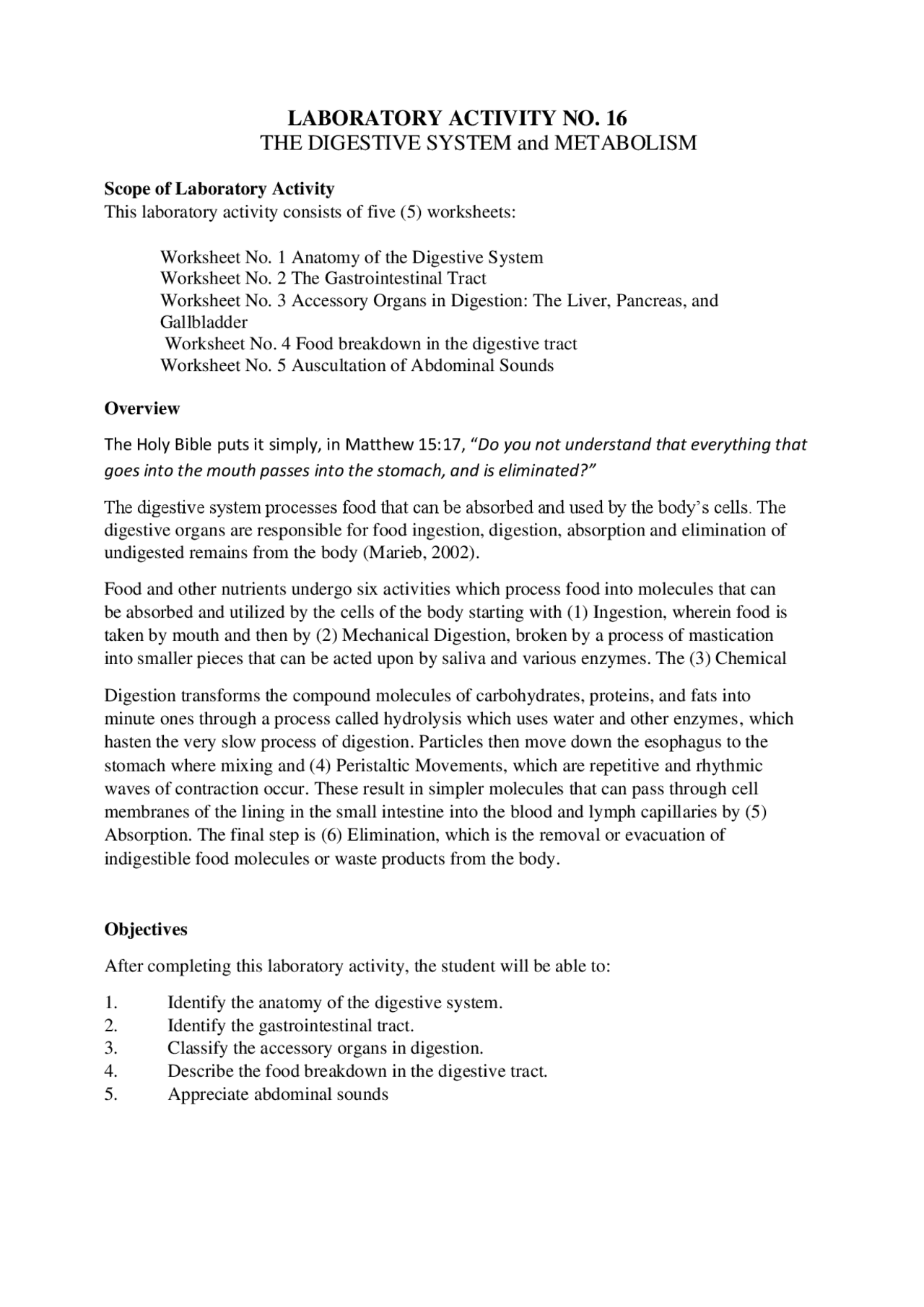 Laboratory Activity: Digestive System | Exercises Anatomy | Docsity