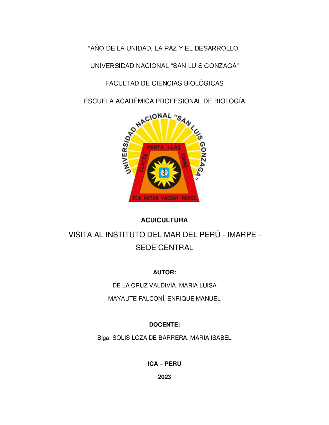 Informe Visita A Imarpe 2023 Resúmenes De Acuicultura Docsity
