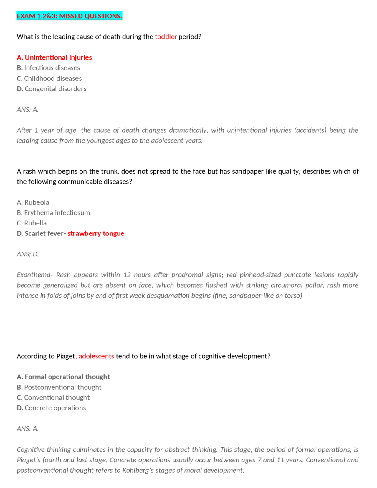EXAM 1,2&3: MISSED QUESTIONS. | Exams Nursing | Docsity