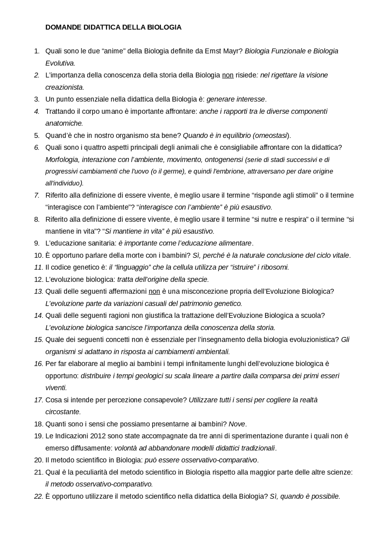 Esempi di domande e risposte del corso Didattica della Biologia | Prove d'esame di Biologia ...