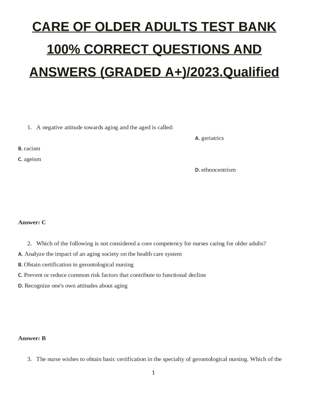 CARE OF OLDER ADULTS TEST BANK 100% CORRECT QUESTIONS AND ANSWERS ...