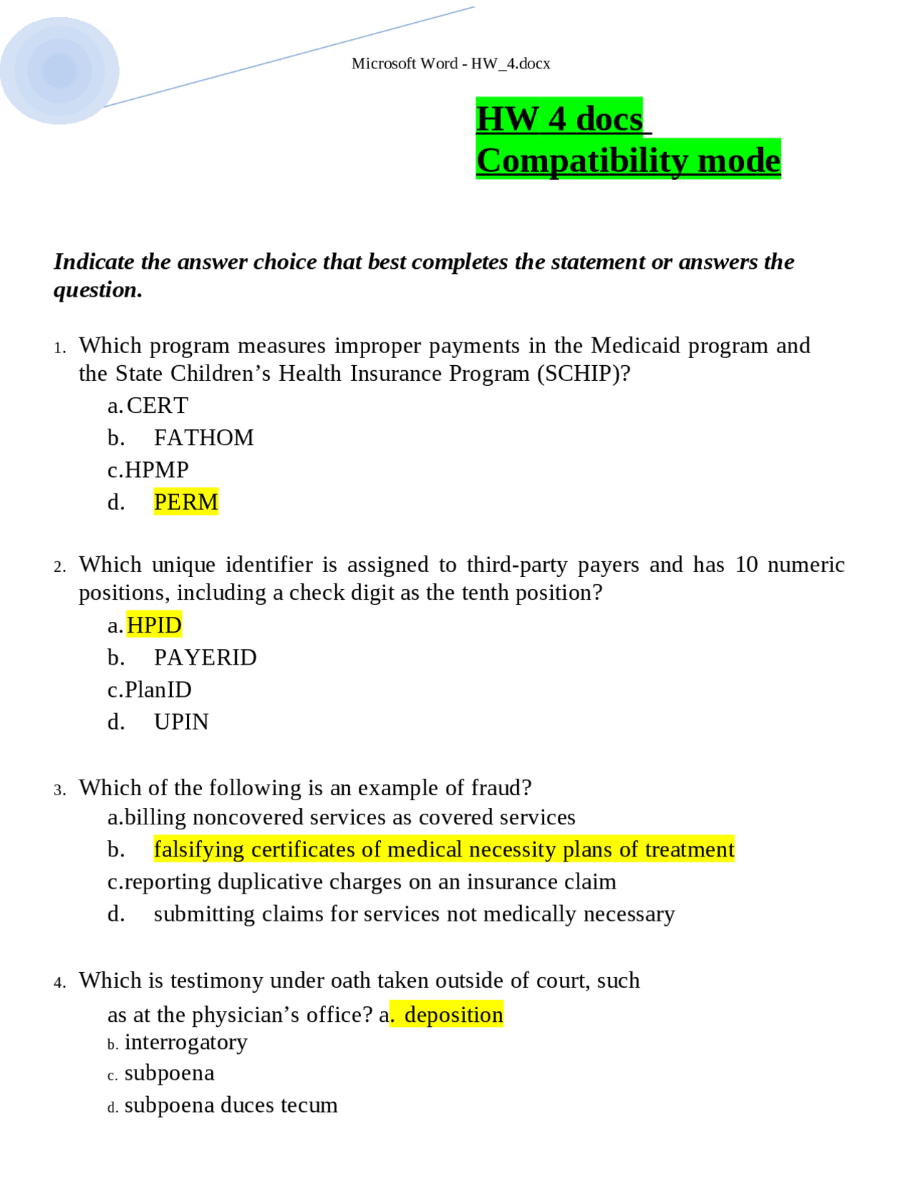 HW 4 docs Compatibility mode | Exams Nursing | Docsity