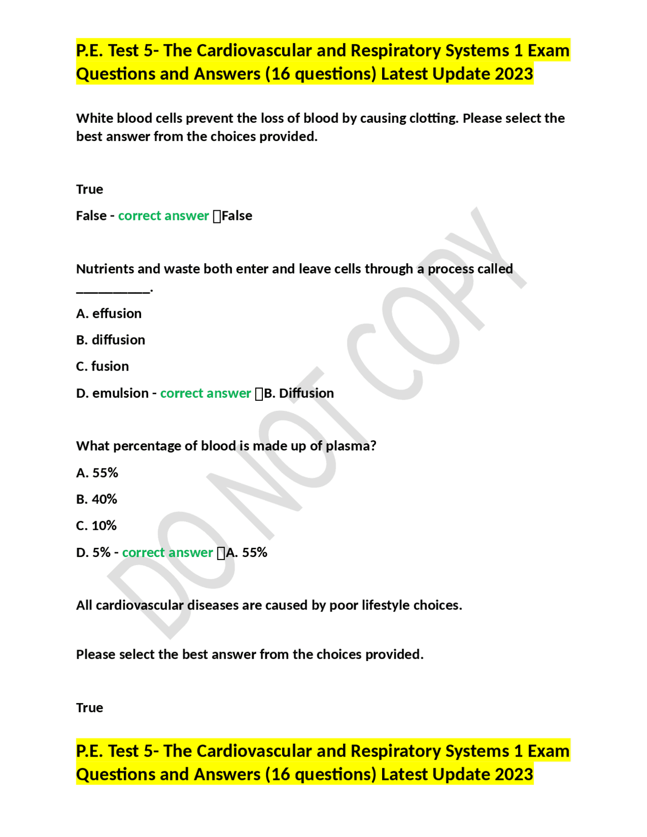 P.E. Test 5- The Cardiovascular and Respiratory Systems 1 Exam ...