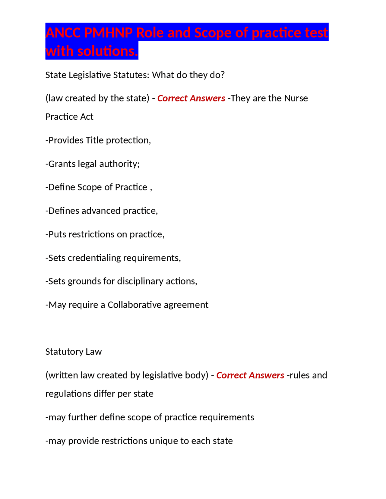 ANCC PMHNP Role and Scope of practice test with solutions. | Exams ...