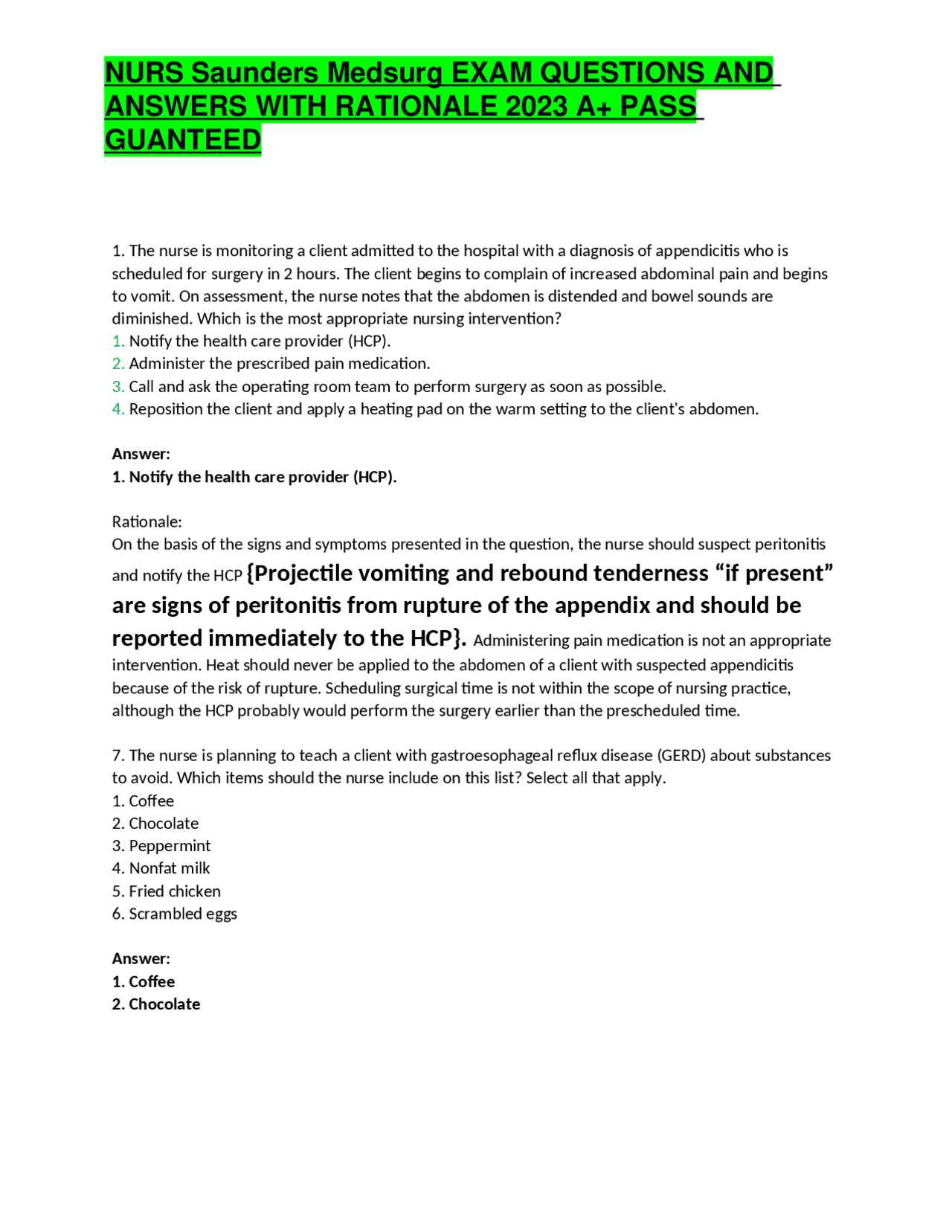 Nurs Saunders Medsurg Exam Questions And Answers With Rationale 2023 A